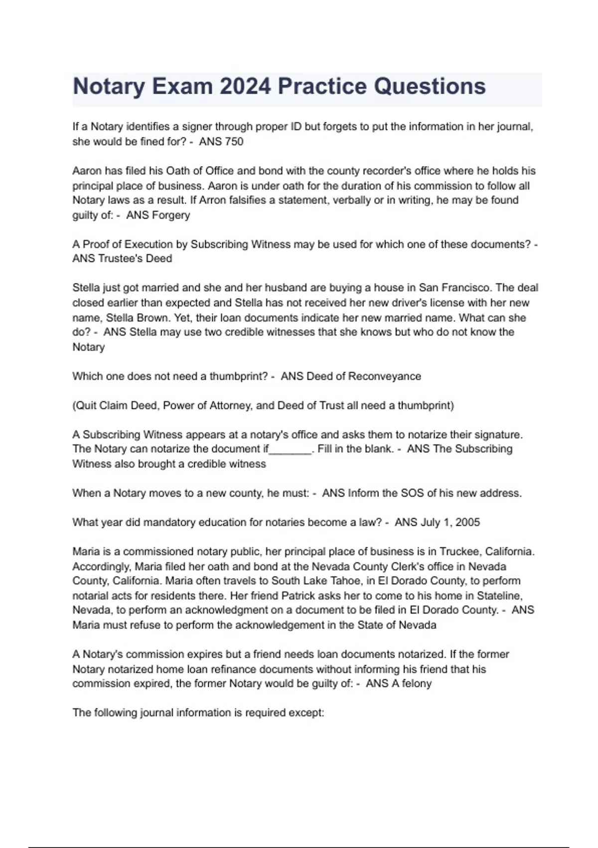 Notary Exam 2024 Practice Questions with completed Answers ( A+ GRADED ...