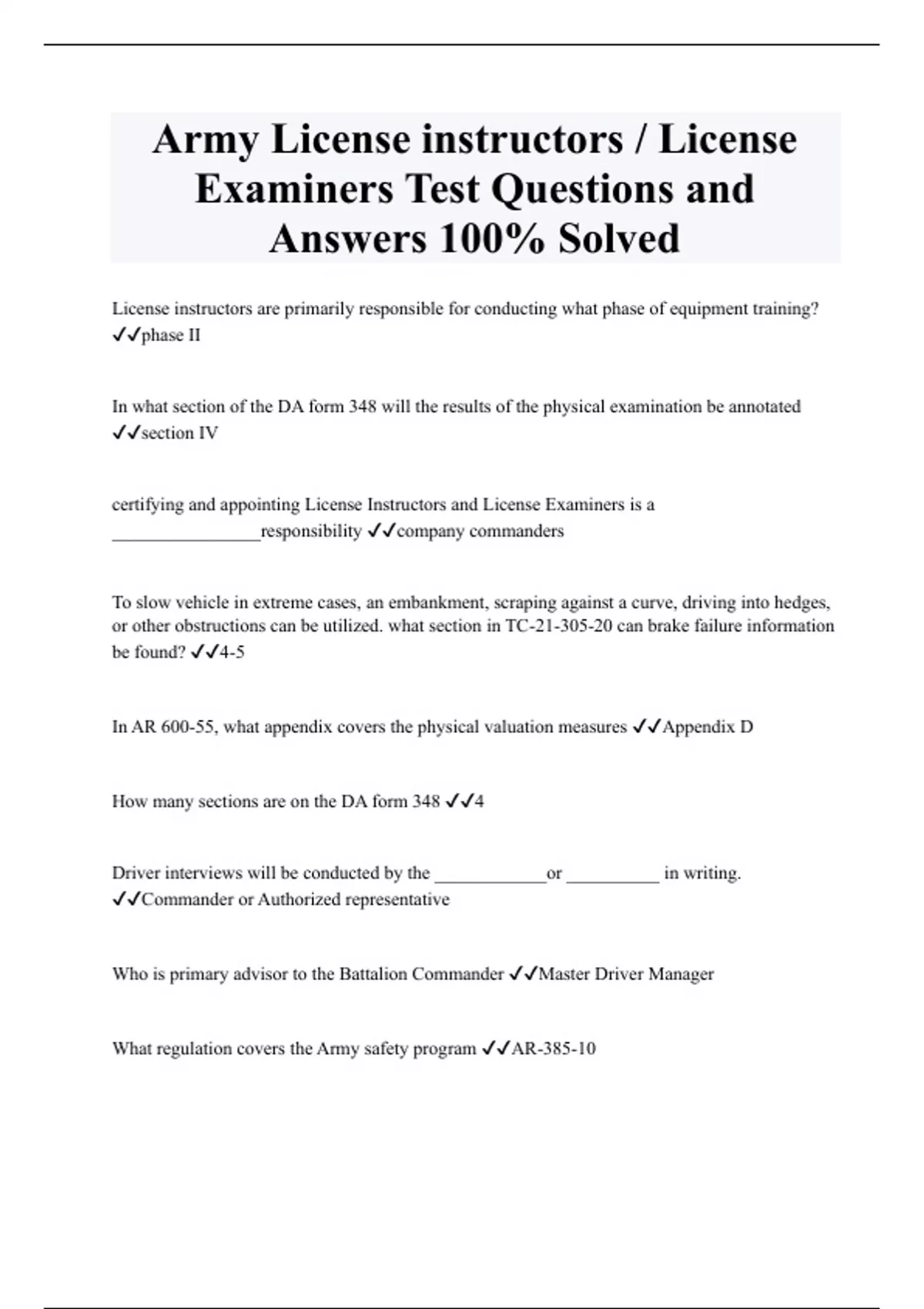 Army License instructors / License Examiners Test Questions and Answers ...