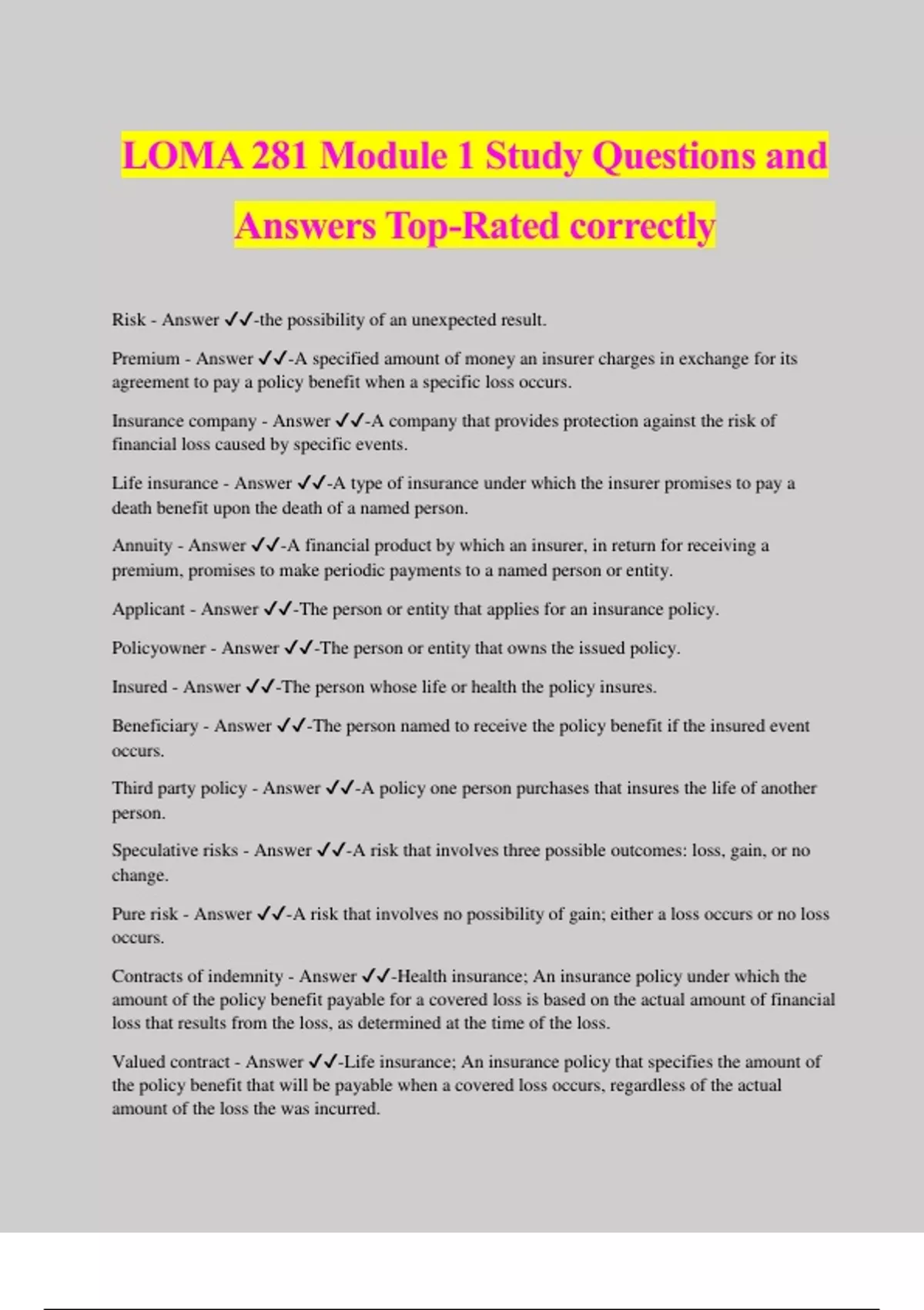 LOMA Bundled Exams Questions and Answers | 100% Verified and Updated ...