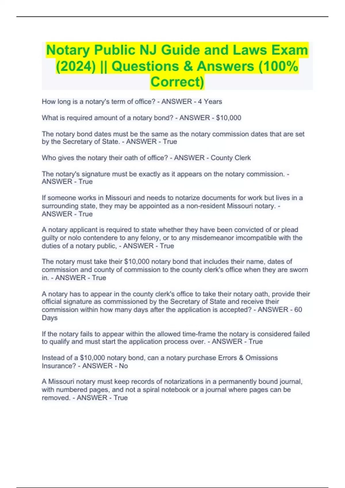 Notary Public NJ Guide and Laws Exam (2024) || Questions & Answers (100 ...