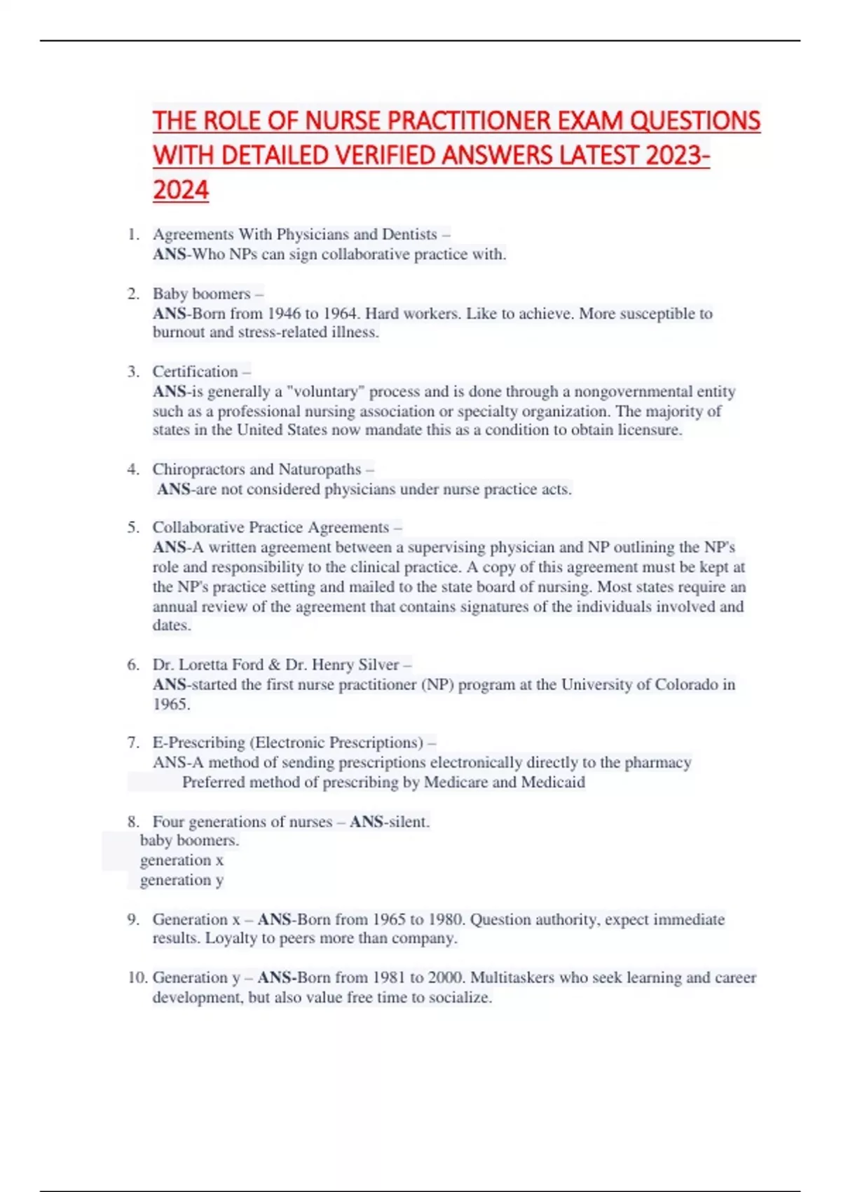 THE ROLE OF NURSE PRACTITIONER EXAM QUESTIONS WITH DETAILED VERIFIED ...