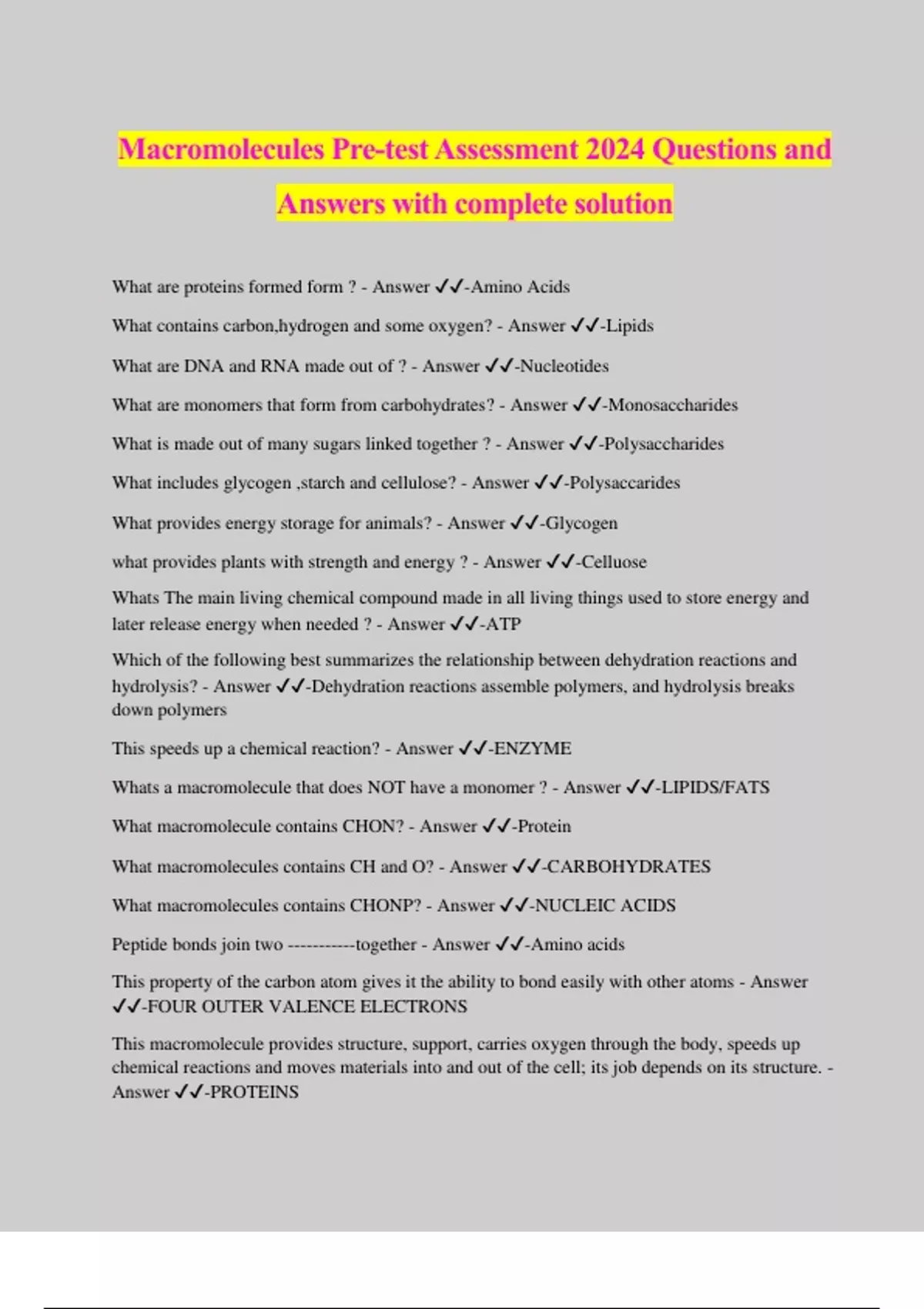Macromolecules Pre-test Assessment 2024 Questions and Answers with ...
