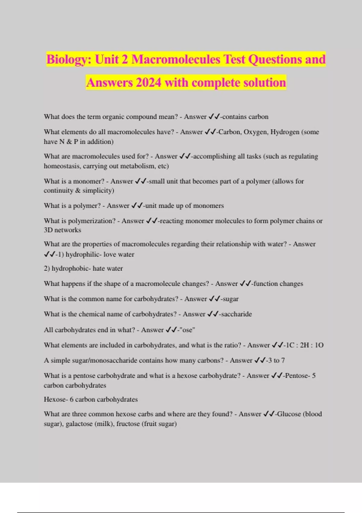 Biology Unit 2 Macromolecules Test Questions And Answers 2024 With Complete Solution