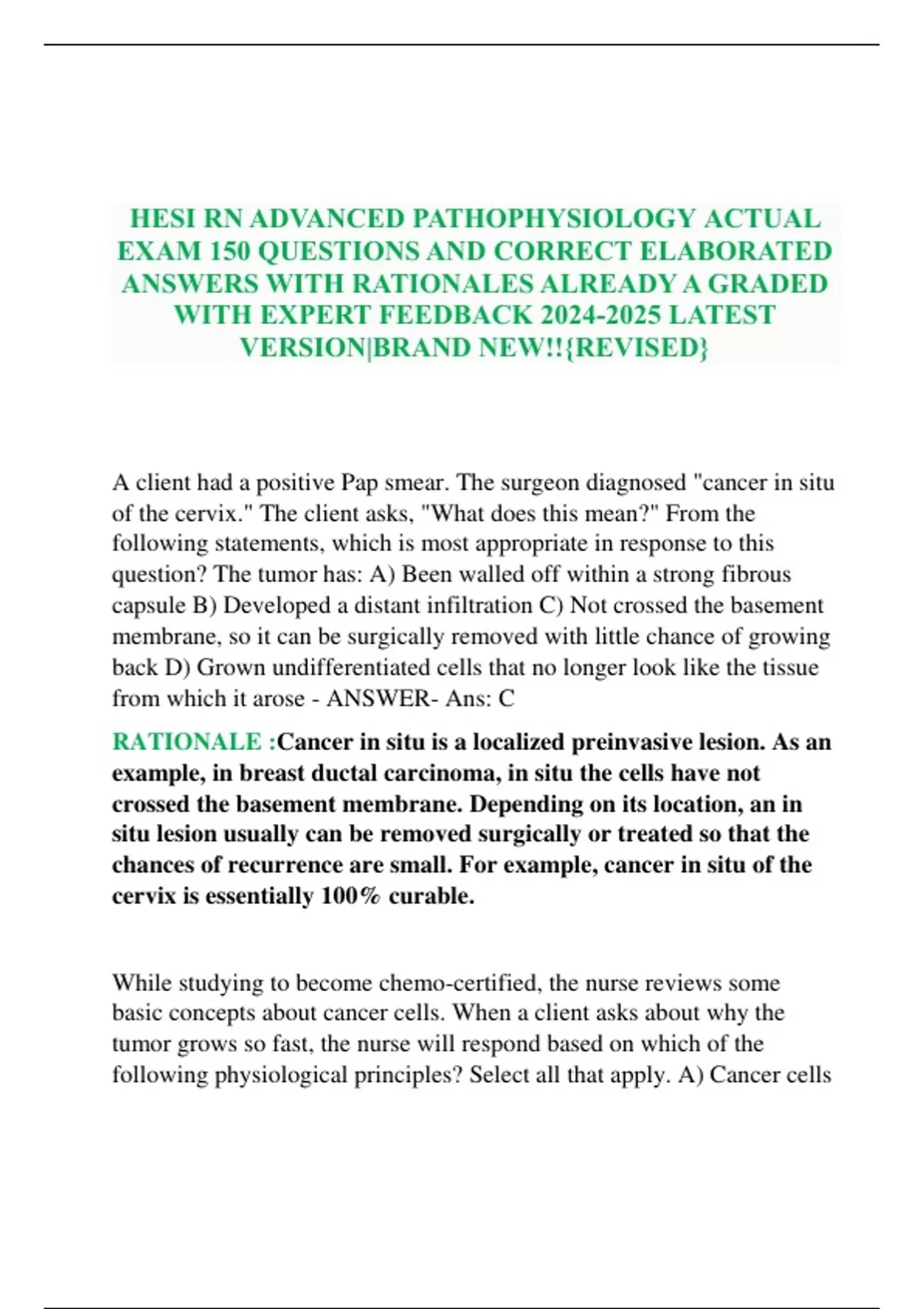 HESI RN ADVANCED PATHOPHYSIOLOGY ACTUAL EXAM 150 QUESTIONS AND CORRECT ELABORATED ANSWERS WITH ...