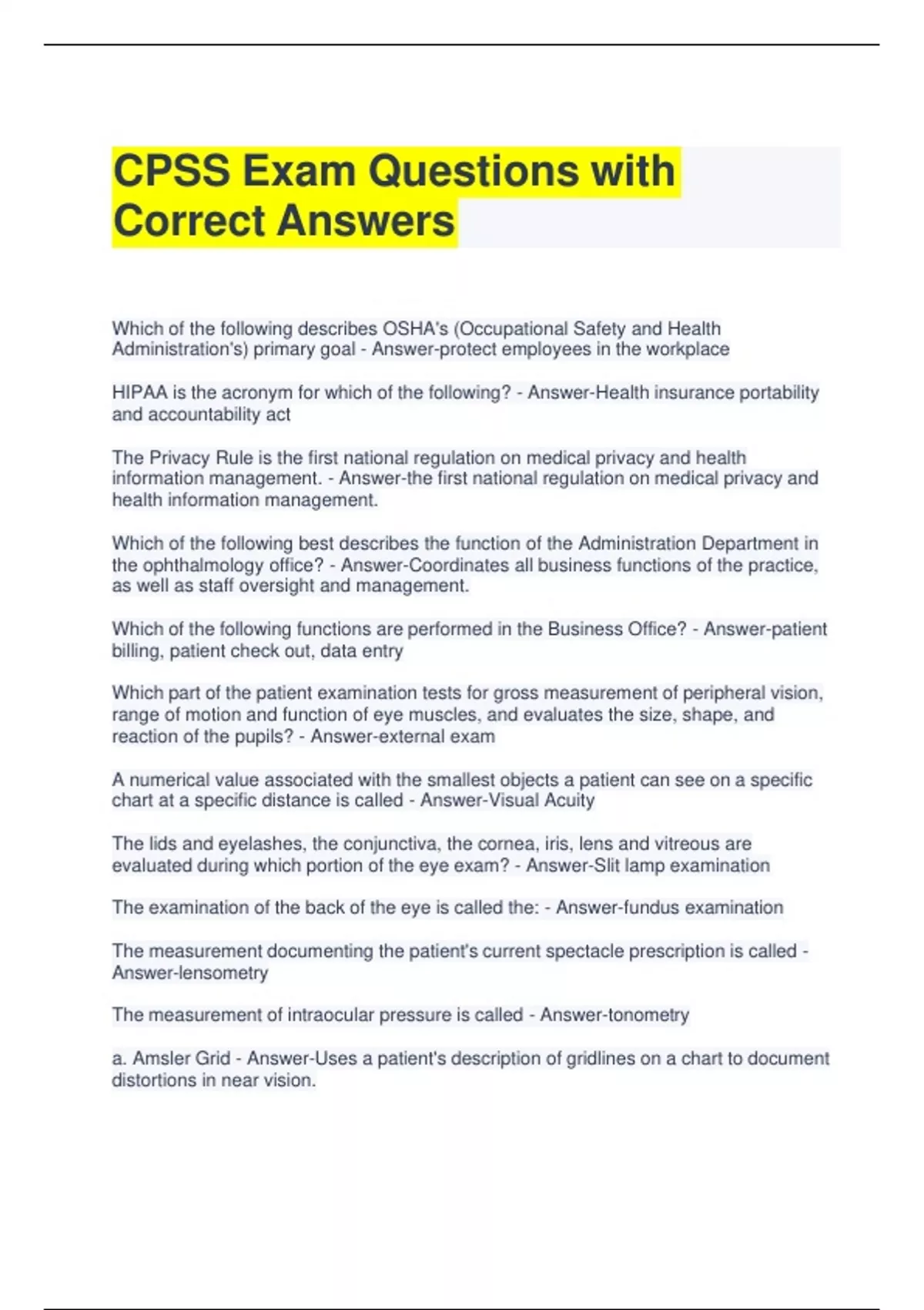 CPSS Exam Questions with Correct Answers - CPSS - Stuvia US