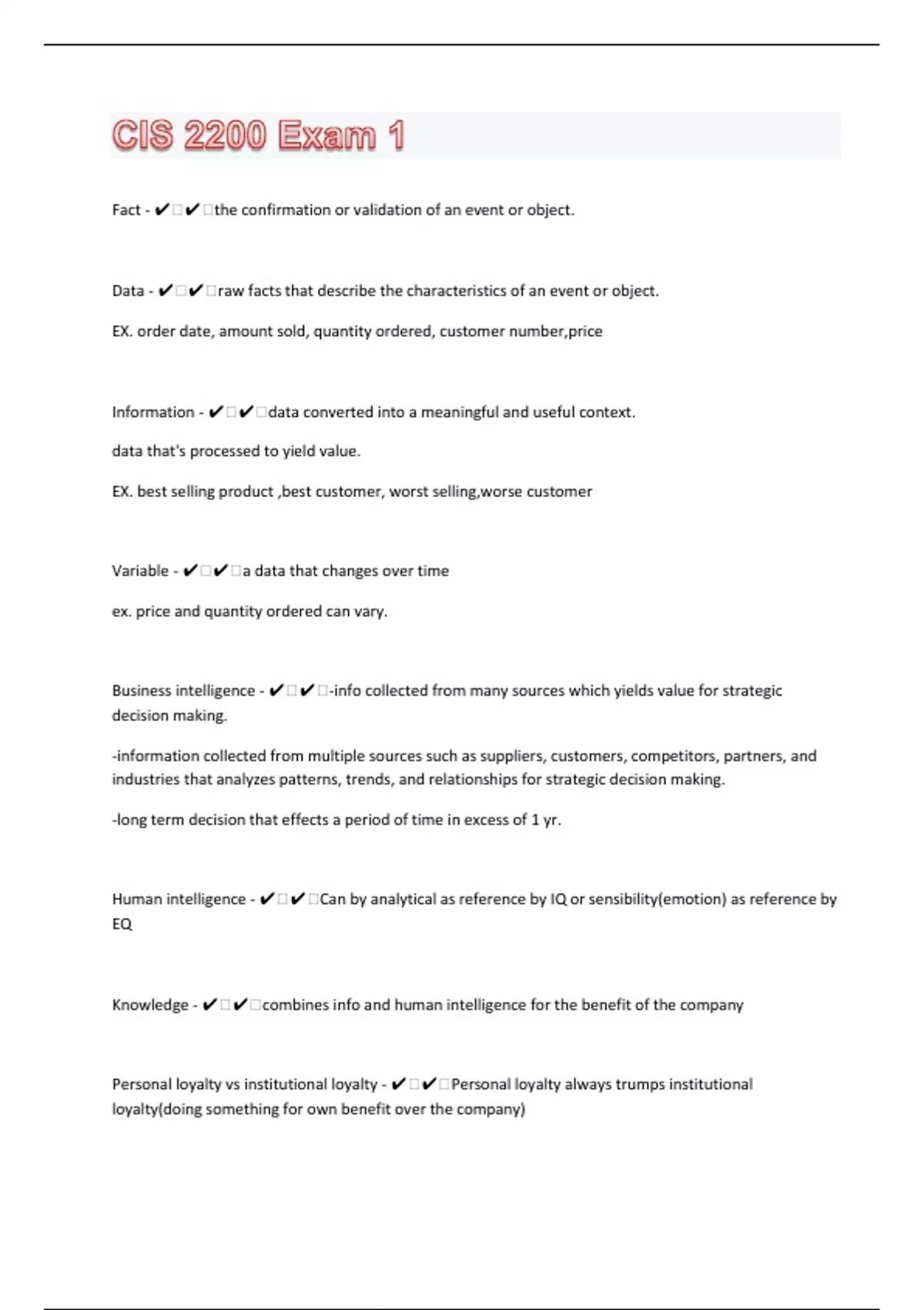CIS 2200 Exam 1|320 Questions with 100% Correct Answers | Updated ...