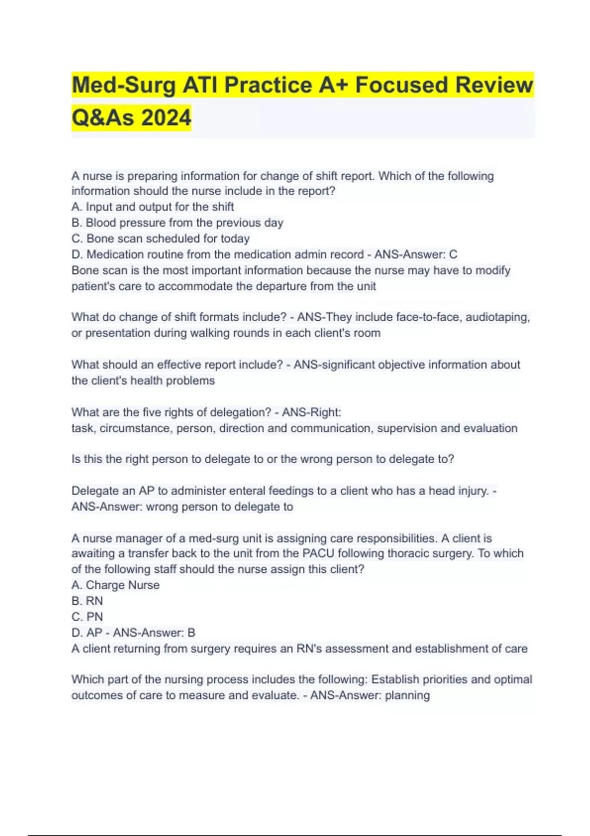 Med-Surg ATI Practice A+ Focused Review Q&As 2024 - Med-Surge ATI ...