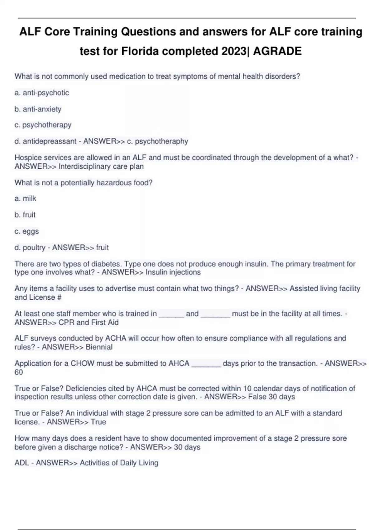 ALF Core Training QALF Core Training Questions and answers for ALF core ...