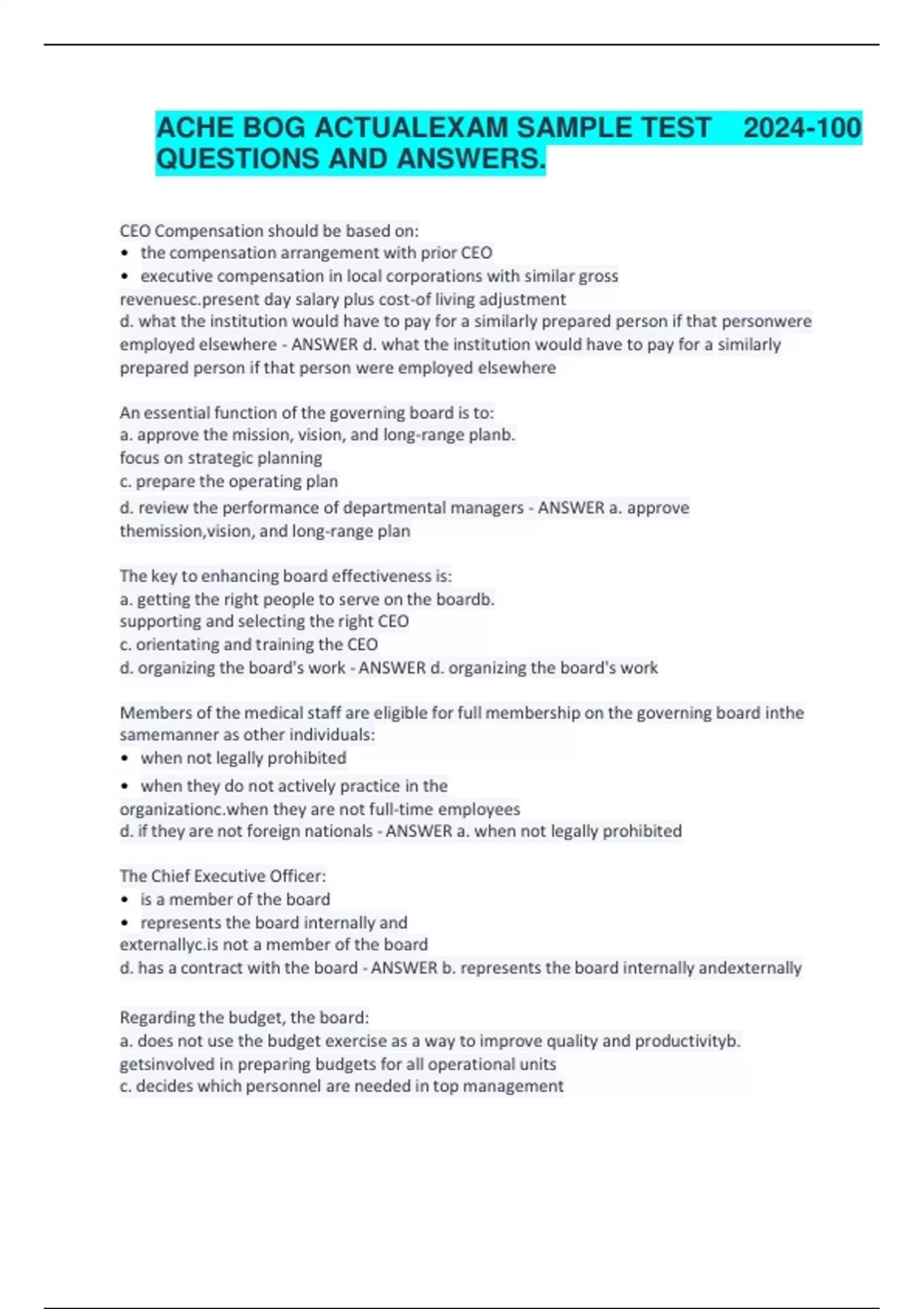 ACHE BOG ACTUALEXAM SAMPLE TEST 2024-100 QUESTIONS AND ANSWERS. - ACHE ...