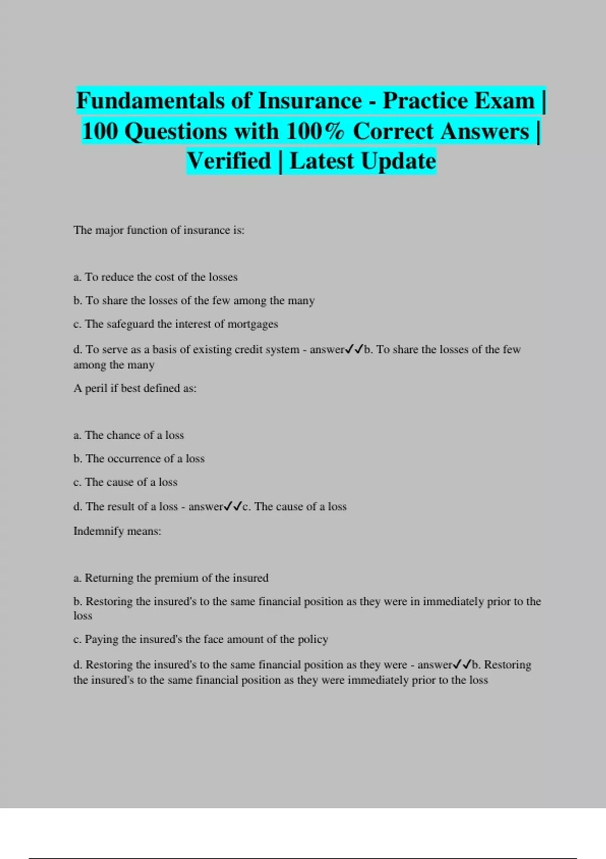 Package Deal For Fundamentals Of Insurance Exam Questions With 100 Correct Answers Verified