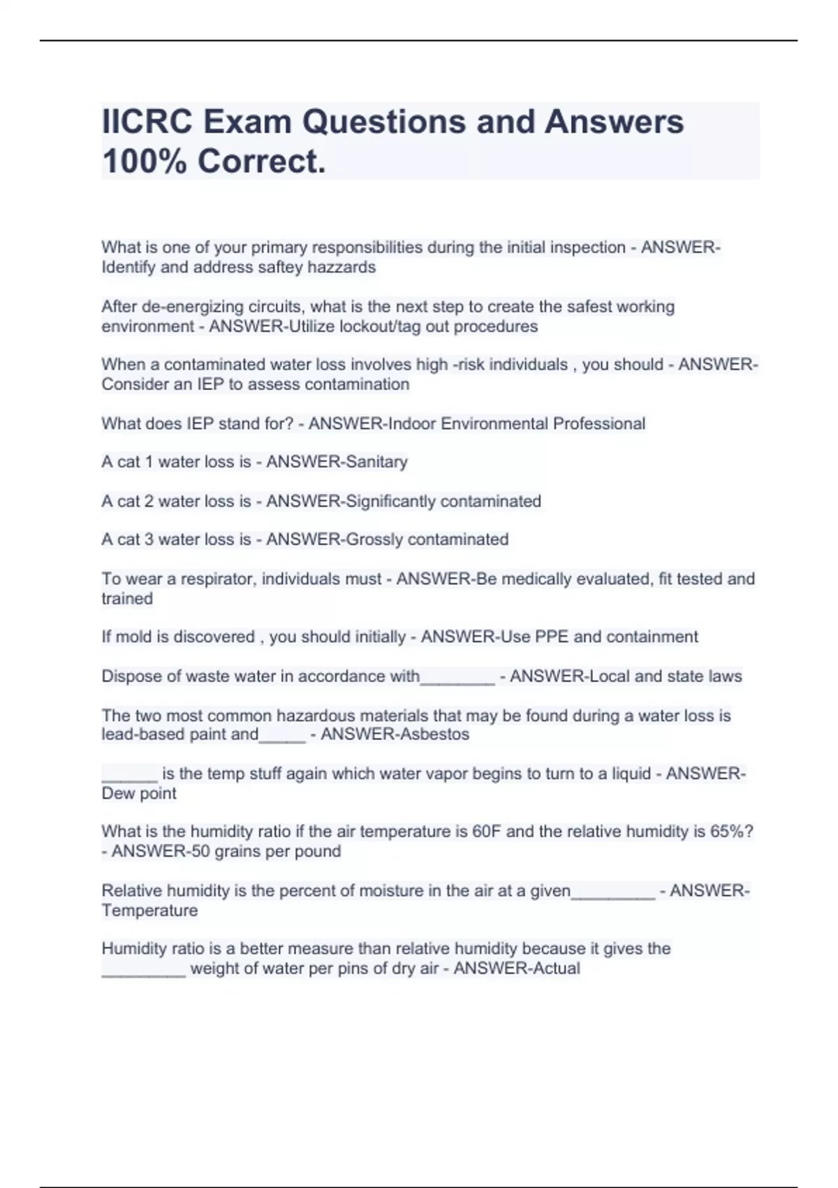 IICRC Exam Questions and Answers 100% Correct. - IICRC - Stuvia US