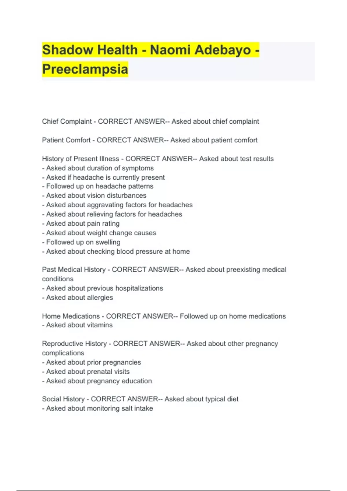Shadow Health - Naomi Adebayo - Preeclampsia with 100% correct answers ...