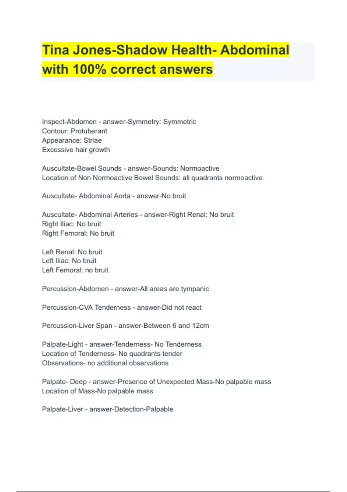 Tina Jones-Shadow Health- Abdominal with 100% correct answers - Tina ...