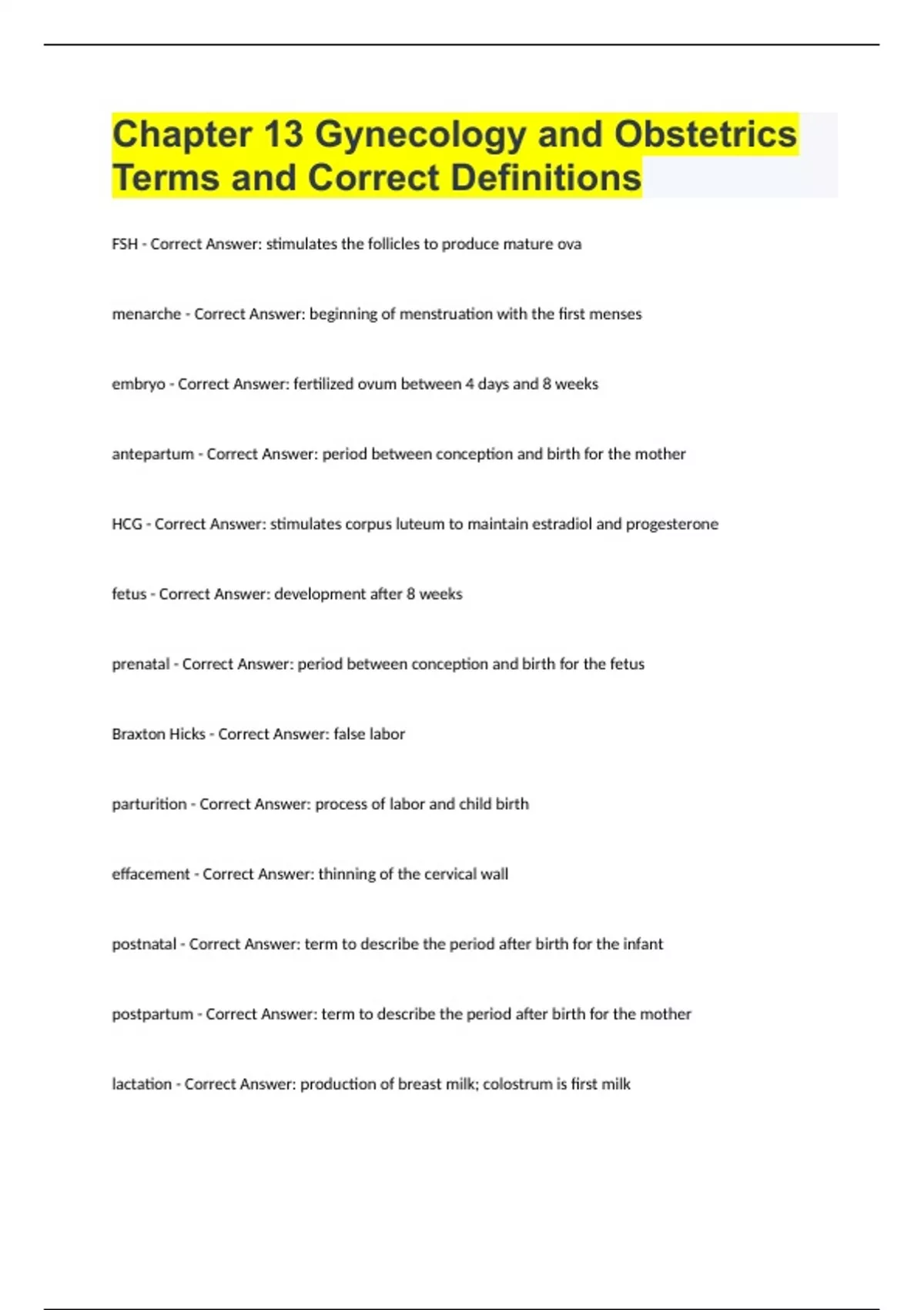 Chapter 13 Gynecology and Obstetrics Terms and Correct Definitions ...