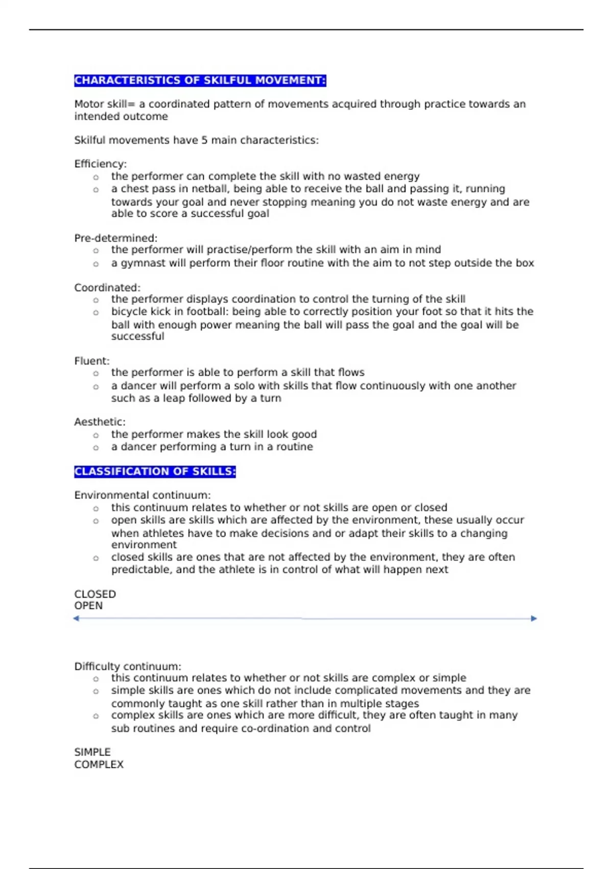 Summary PE GCSE OCR - characteristics of skilful movements - Physical ...