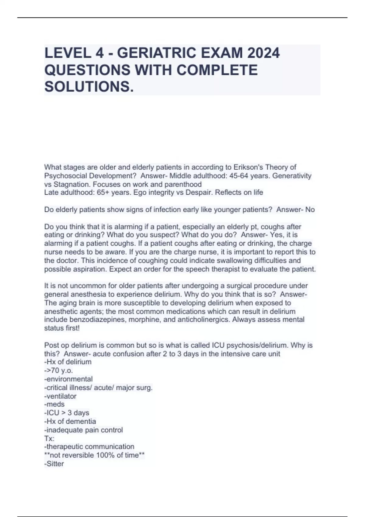 LEVEL 4 - GERIATRIC EXAM 2024 QUESTIONS WITH COMPLETE SOLUTIONS ...