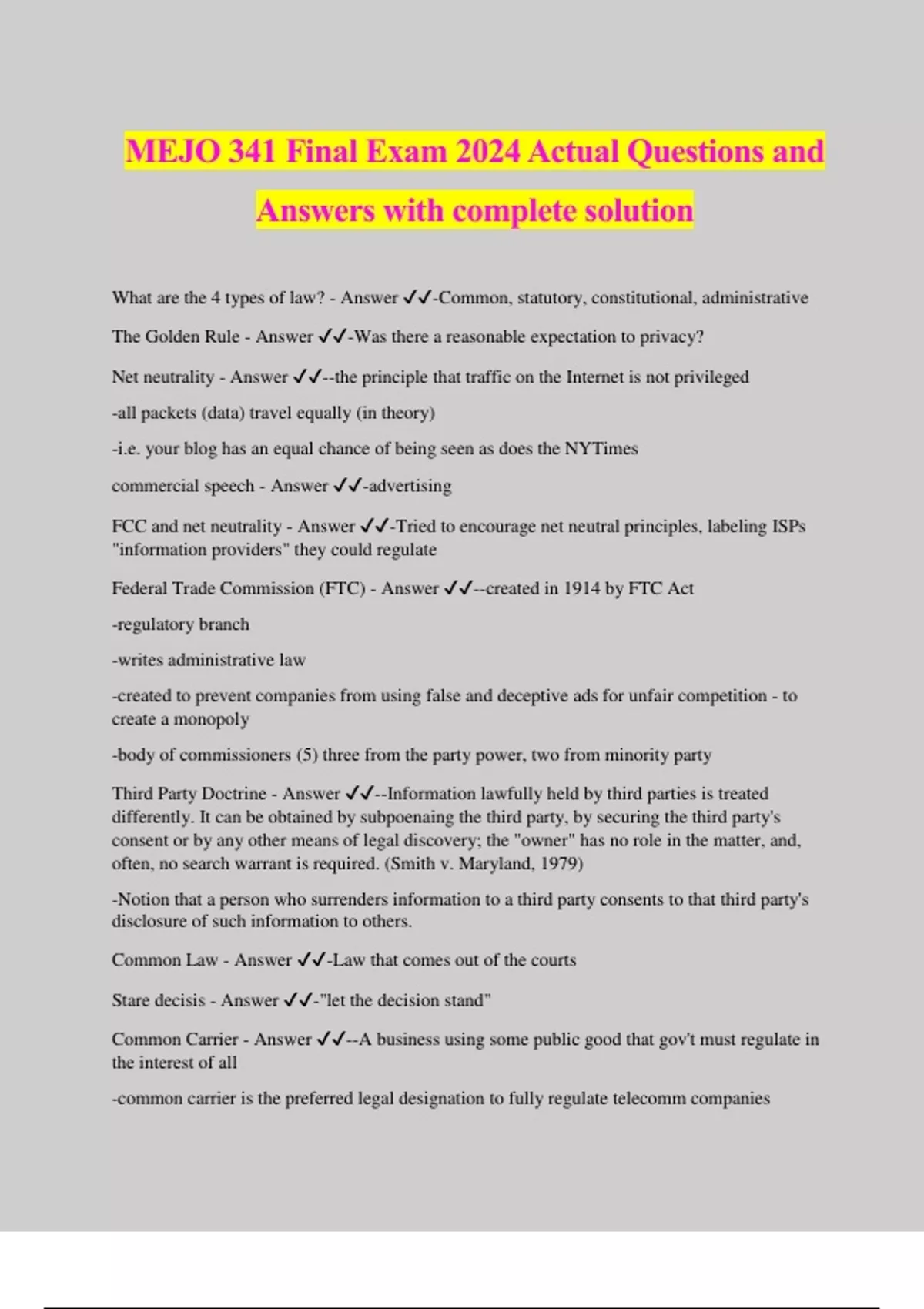 MEJO 341 Final Exam 2024 Actual Questions and Answers with complete solution - MEJO - Stuvia US