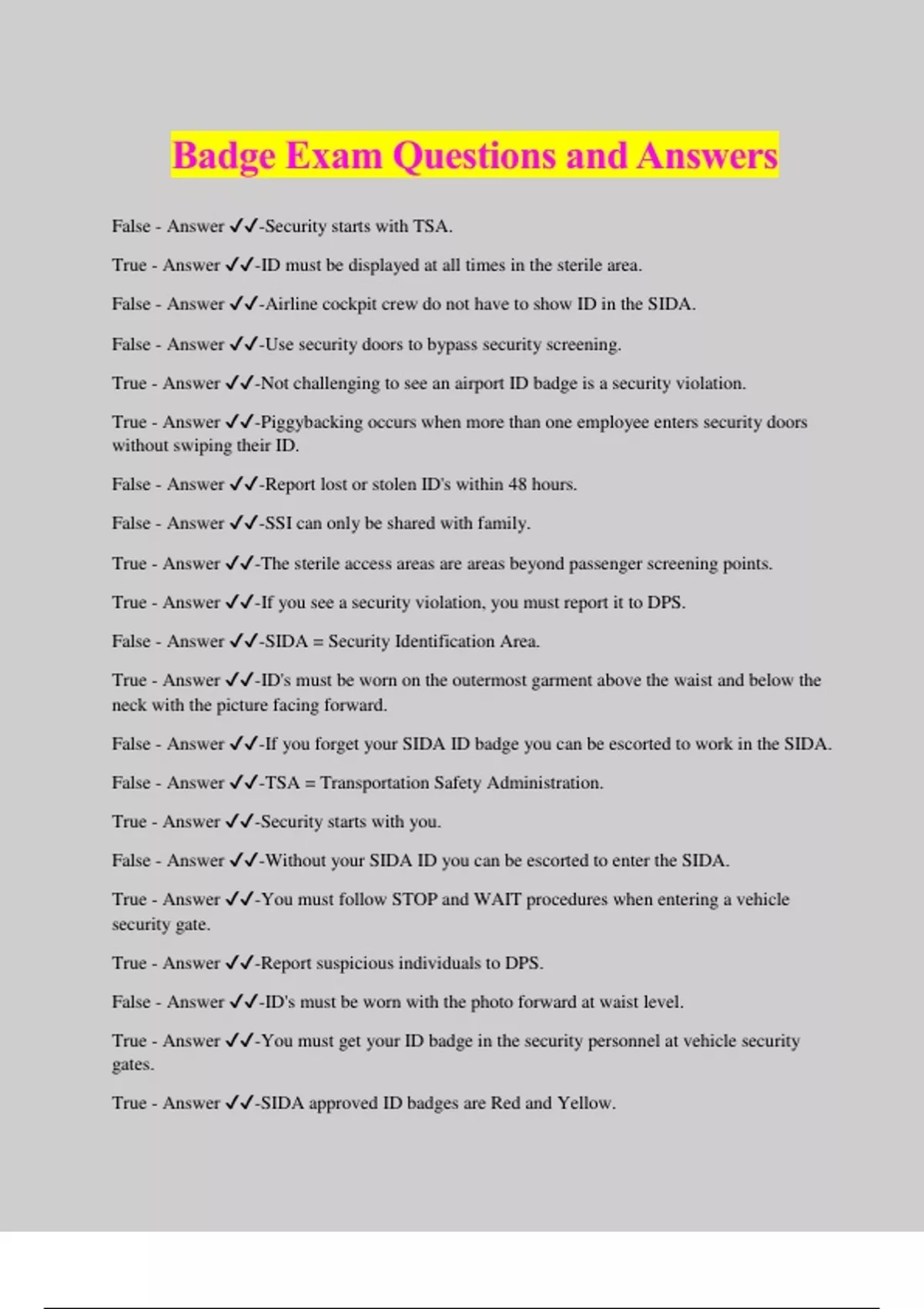 O' Hare Badge / SIDA Badge Bundled Exams Questions and Answers | 100% ...