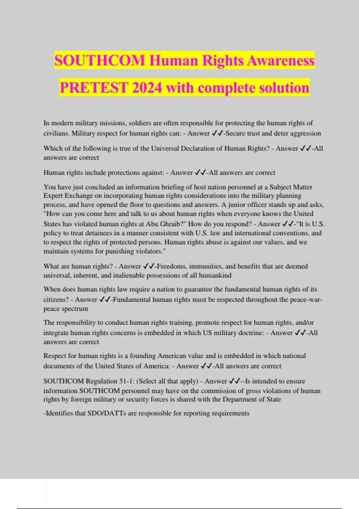 SOUTHCOM Human Rights Awareness PRETEST 2024 with complete solution ...