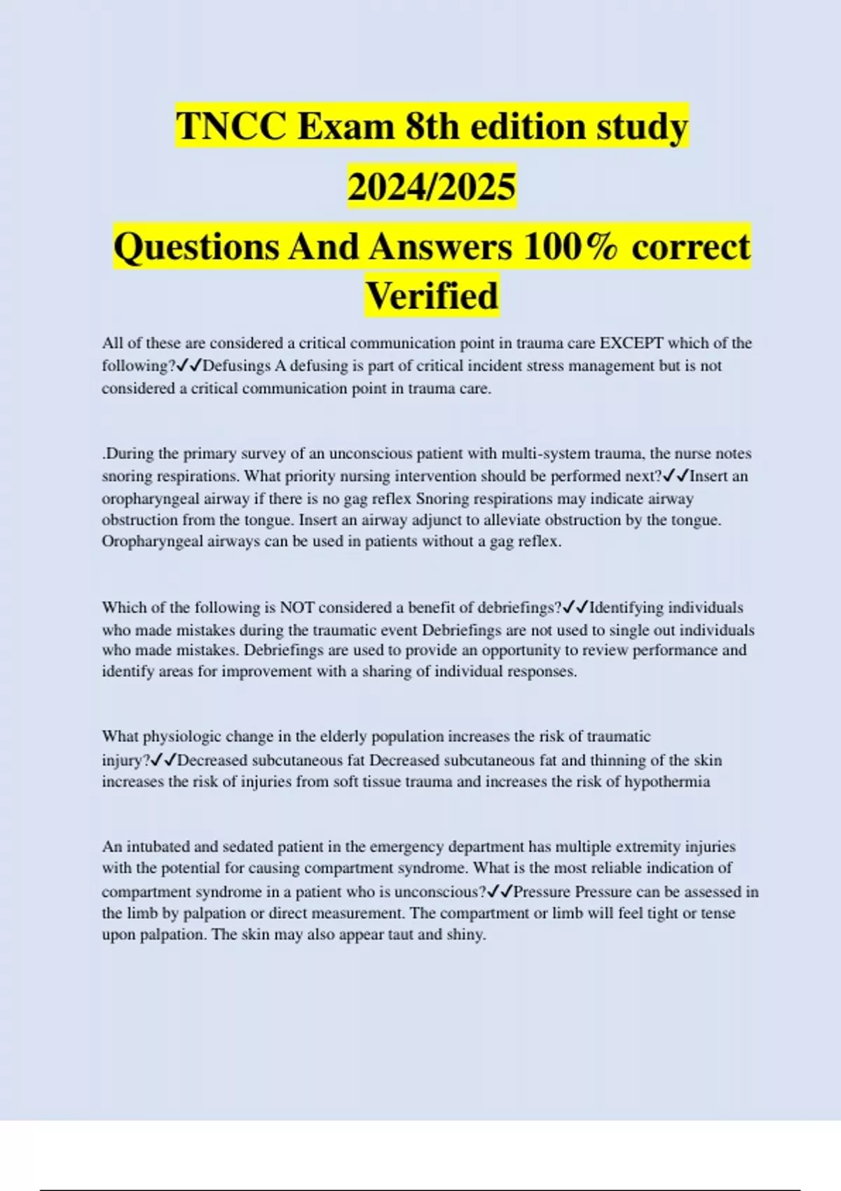 TNCC Exam 8th edition study 2024/2025 Questions And Answers 100% ...