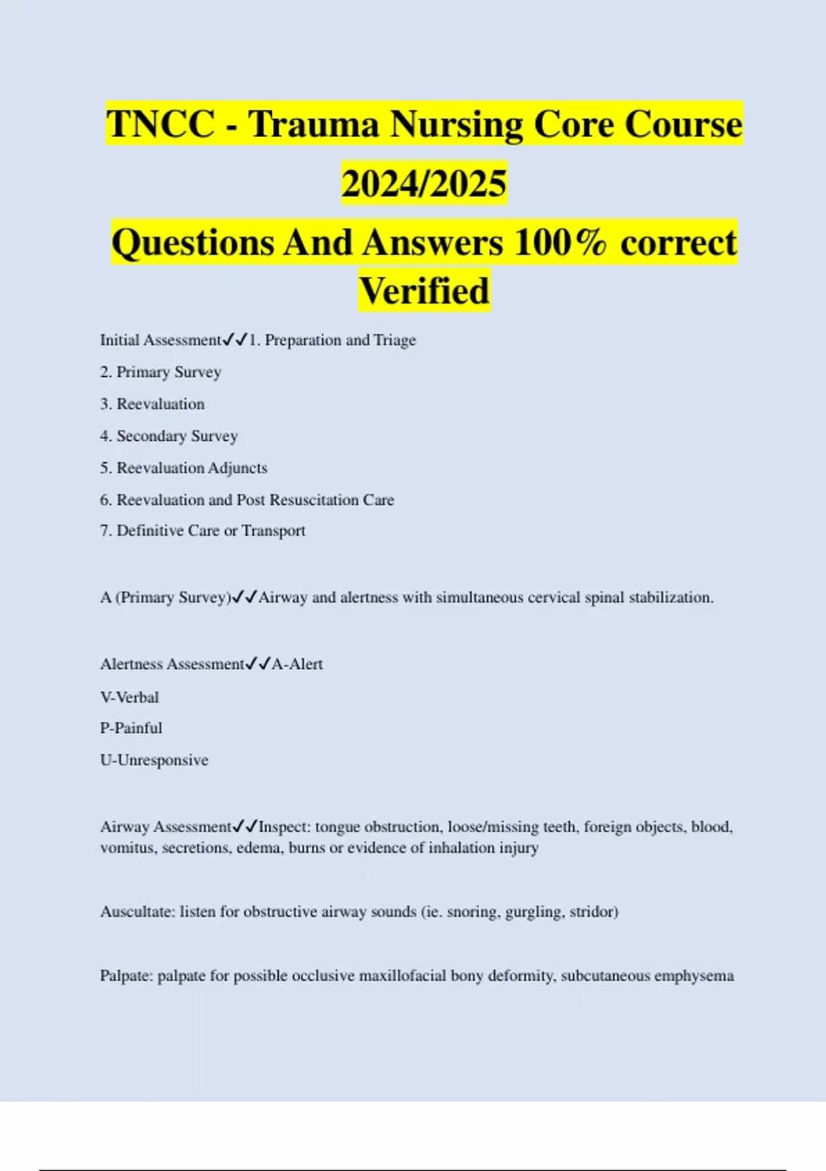 TNCC - Trauma Nursing Core Course 2024/2025 Questions And Answers 100% ...