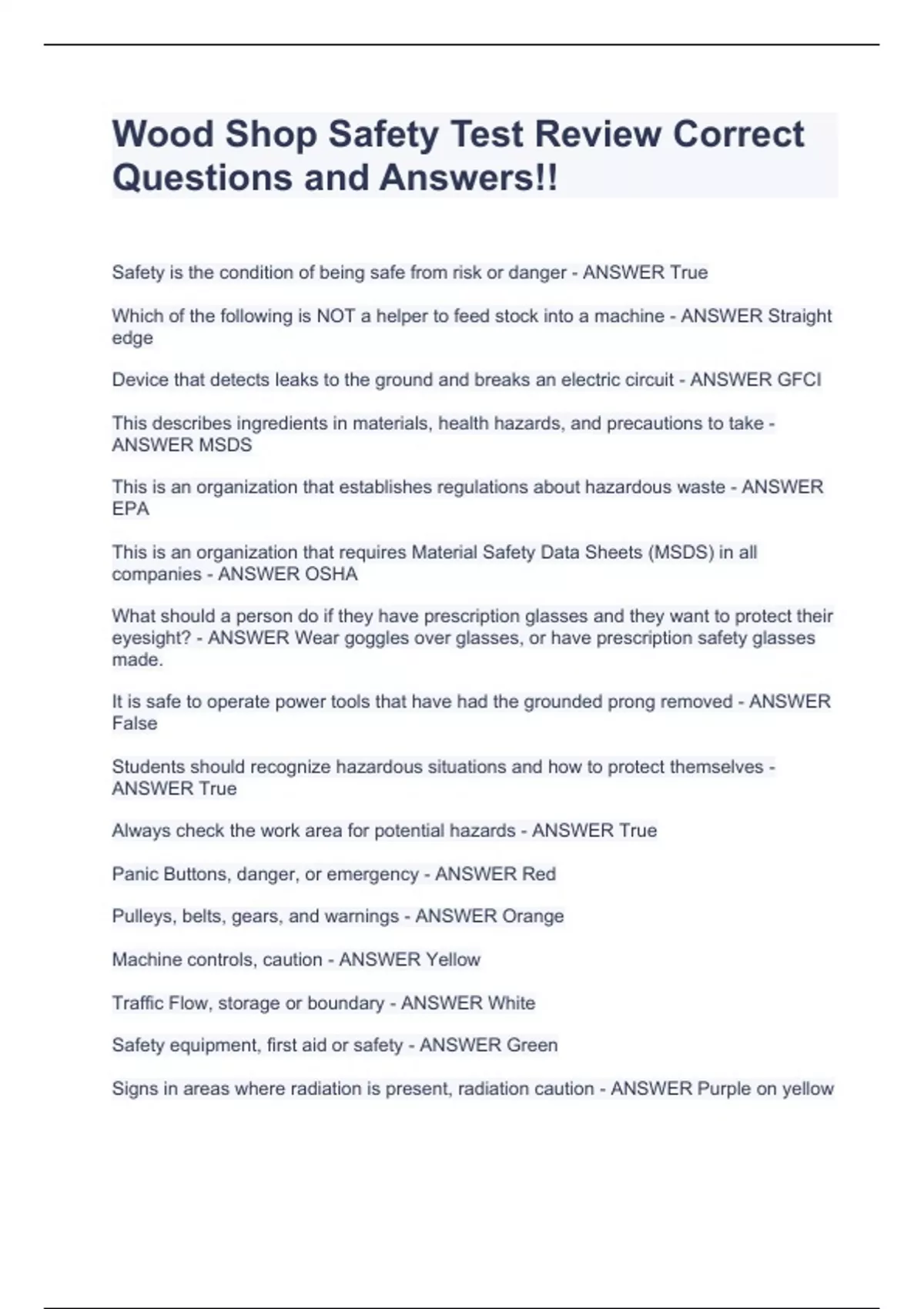 Wood Shop Safety Test Review Correct Questions and Answers!! - Wood ...