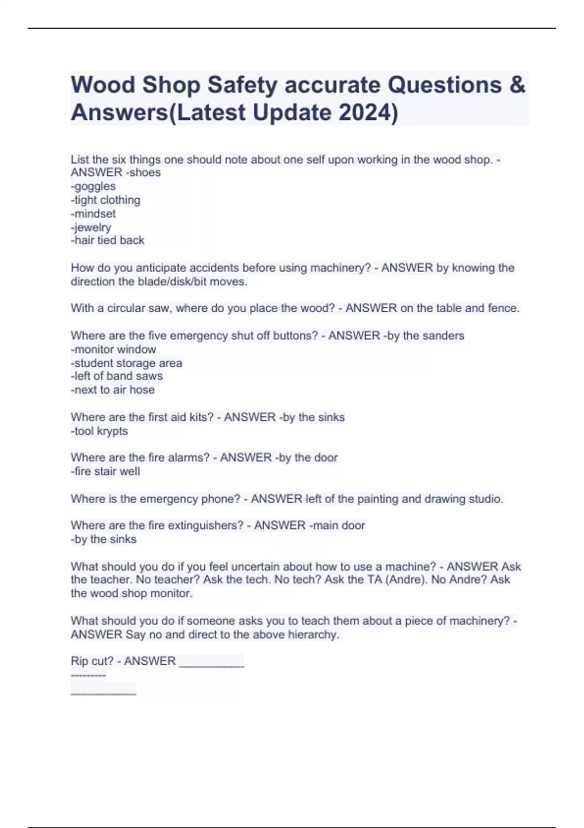 Wood Shop Safety accurate Questions & Answers(Latest Update 2024 ...