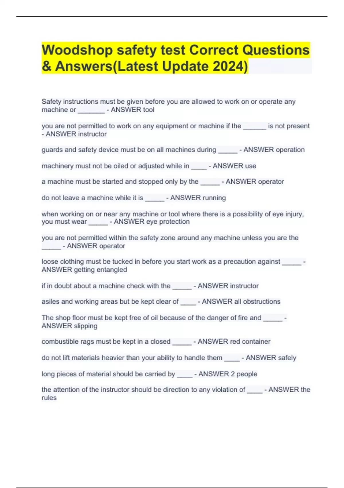Woodshop safety test Correct Questions & Answers(Latest Update 2024 ...