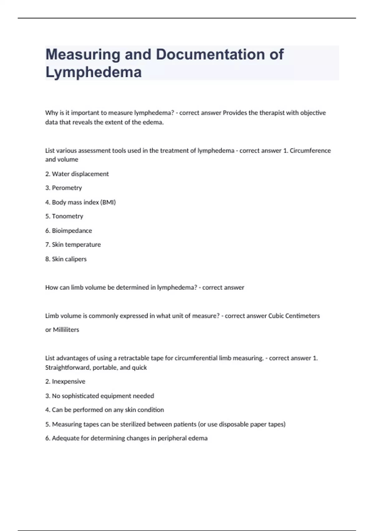 Measuring and Documentation of Lymphedema correctly answered to pass ...