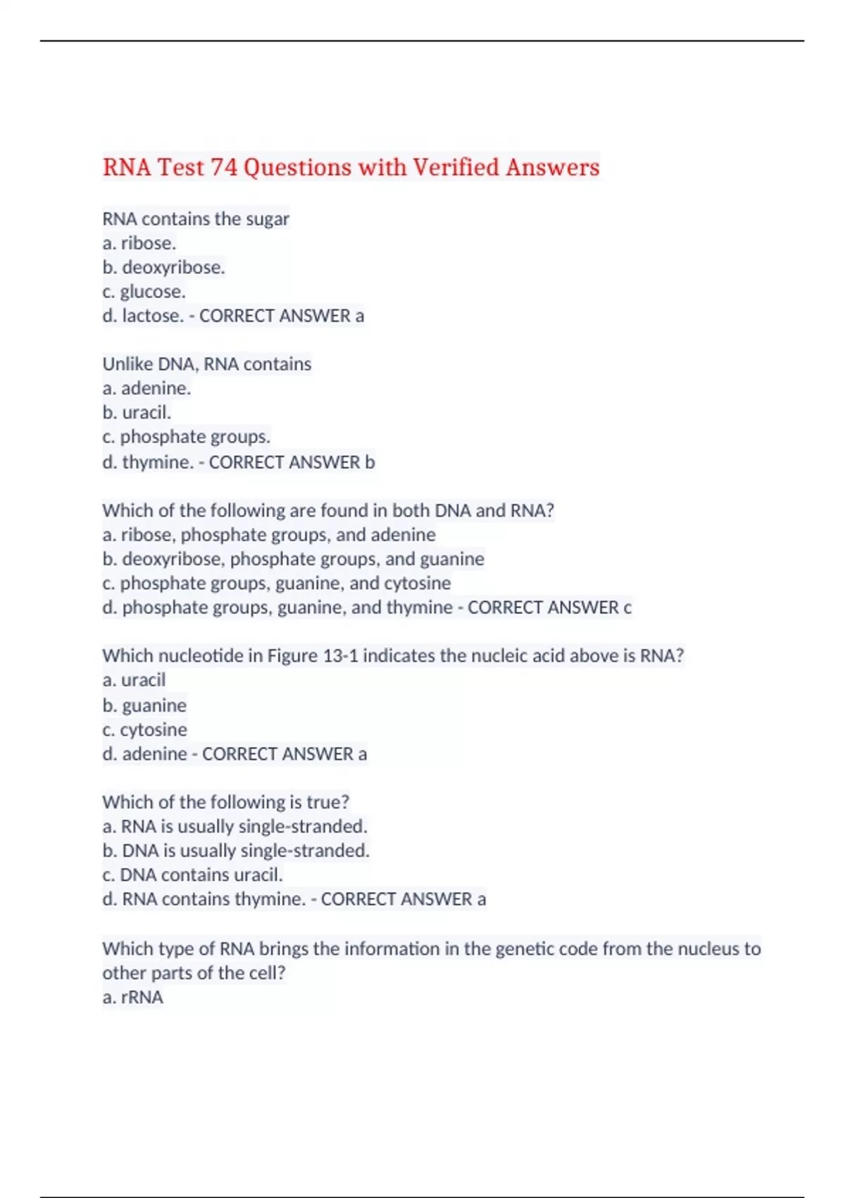 RNA Test 74 Questions with Verified Answers,100% CORRECT - RNA - Stuvia US
