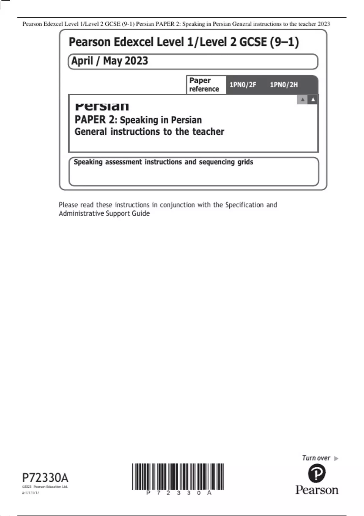Pearson Edexcel Level 1/Level 2 GCSE (9–1) Persian PAPER 2: Speaking in ...