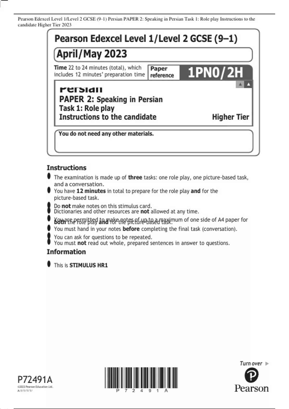 Pearson Edexcel Level 1/Level 2 GCSE (9–1) Persian PAPER 2: Speaking in ...