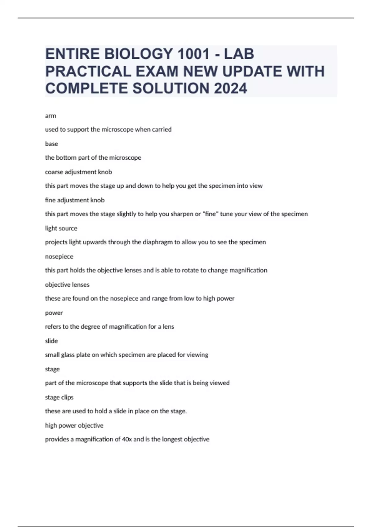 ENTIRE BIOLOGY 1001 - LAB PRACTICAL EXAM NEW UPDATE WITH COMPLETE SOLUTION 2024 - BIOL 1001 ...