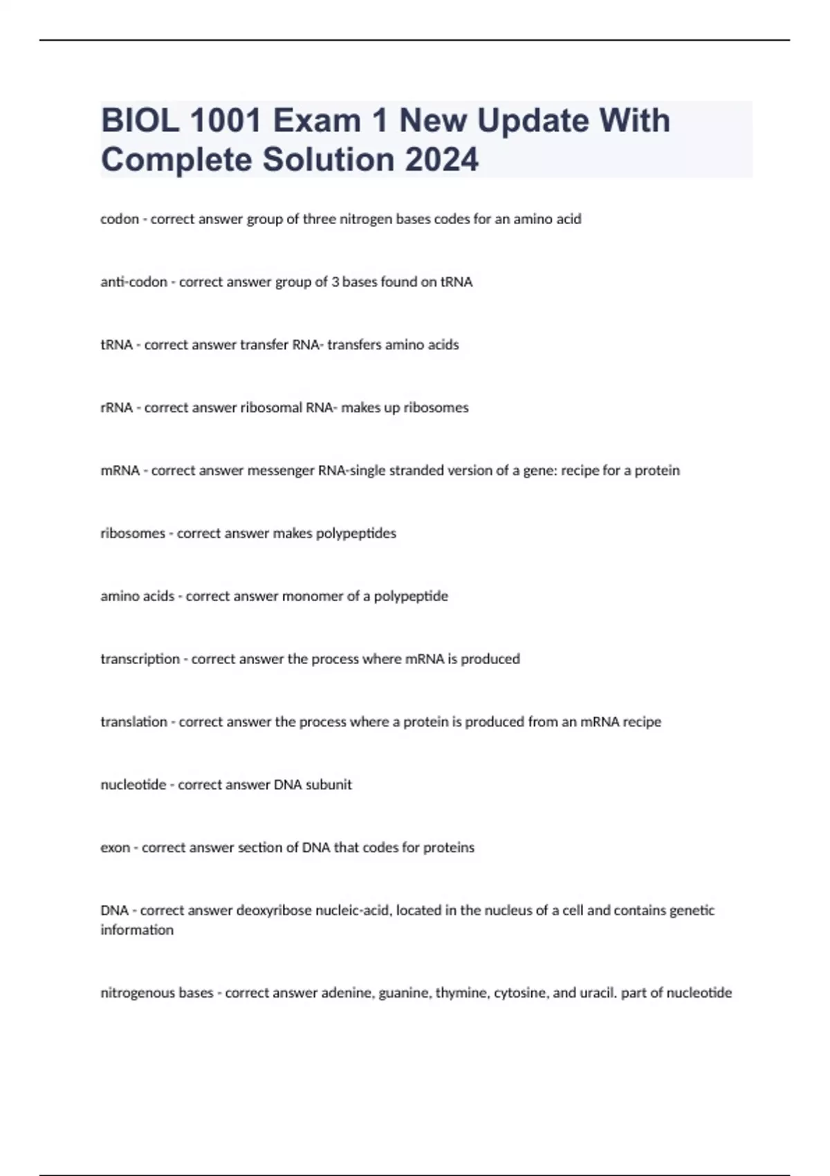 BIOL 1001 Exam 1 New Update With Complete Solution 2024 - BIOL 1001 ...