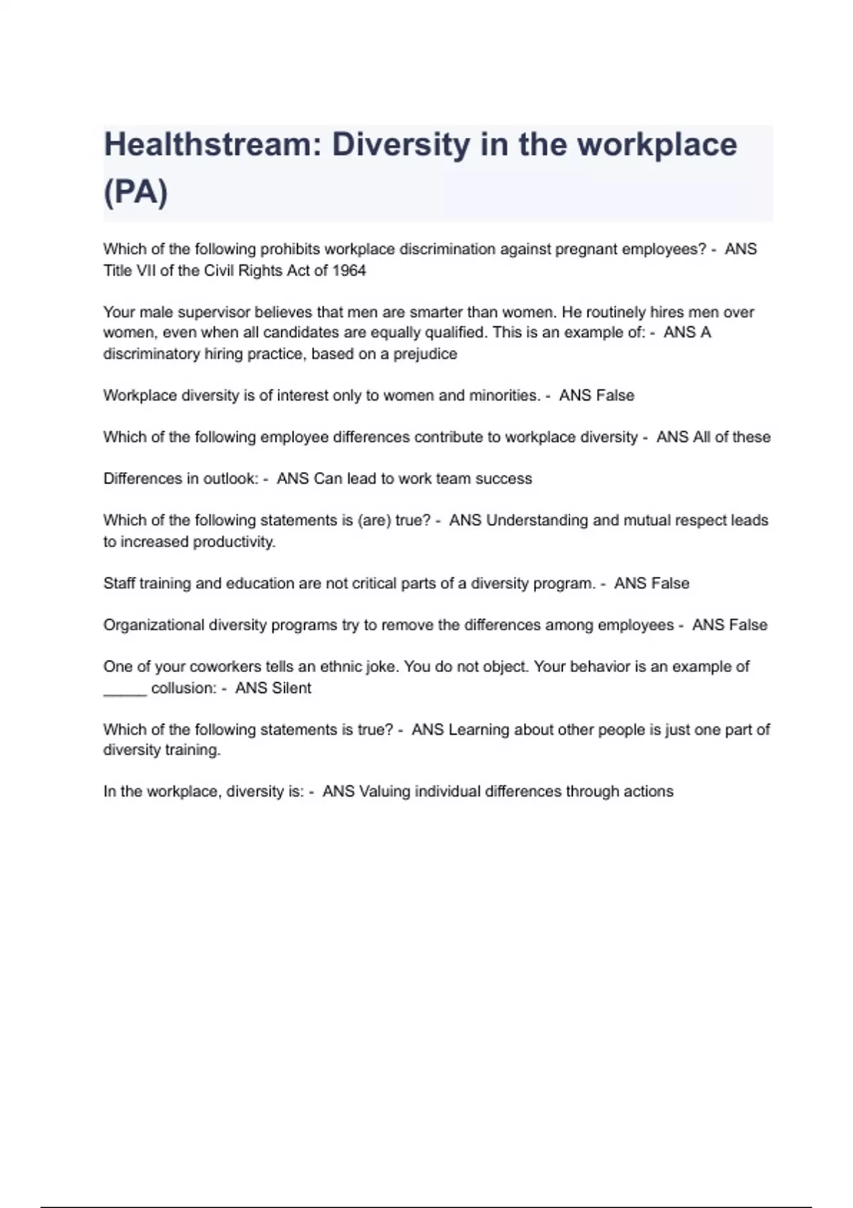 Healthstream: Diversity in the workplace (PA) Exam Questions with ...
