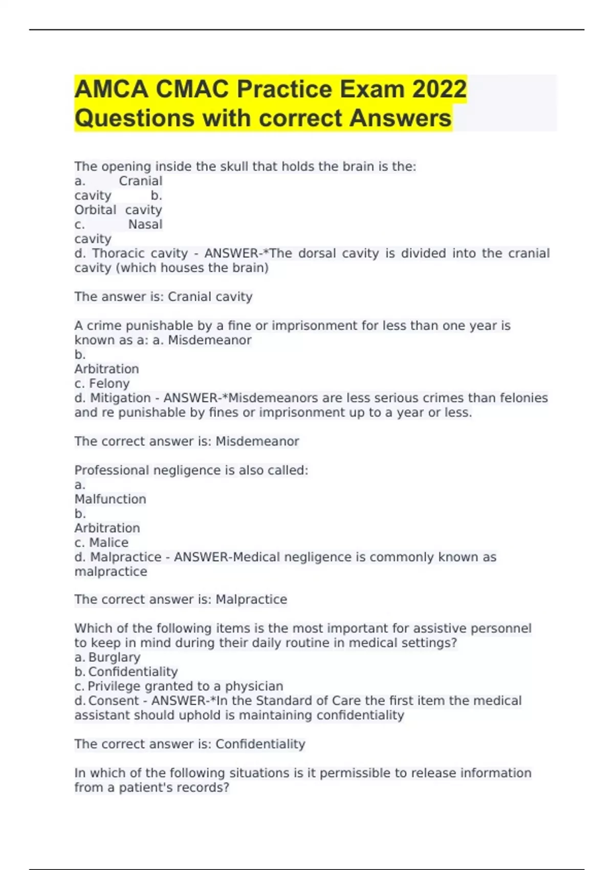 AMCA CMAC Practice Exam 2022 Questions with correct Answers - AMCA CMAC ...