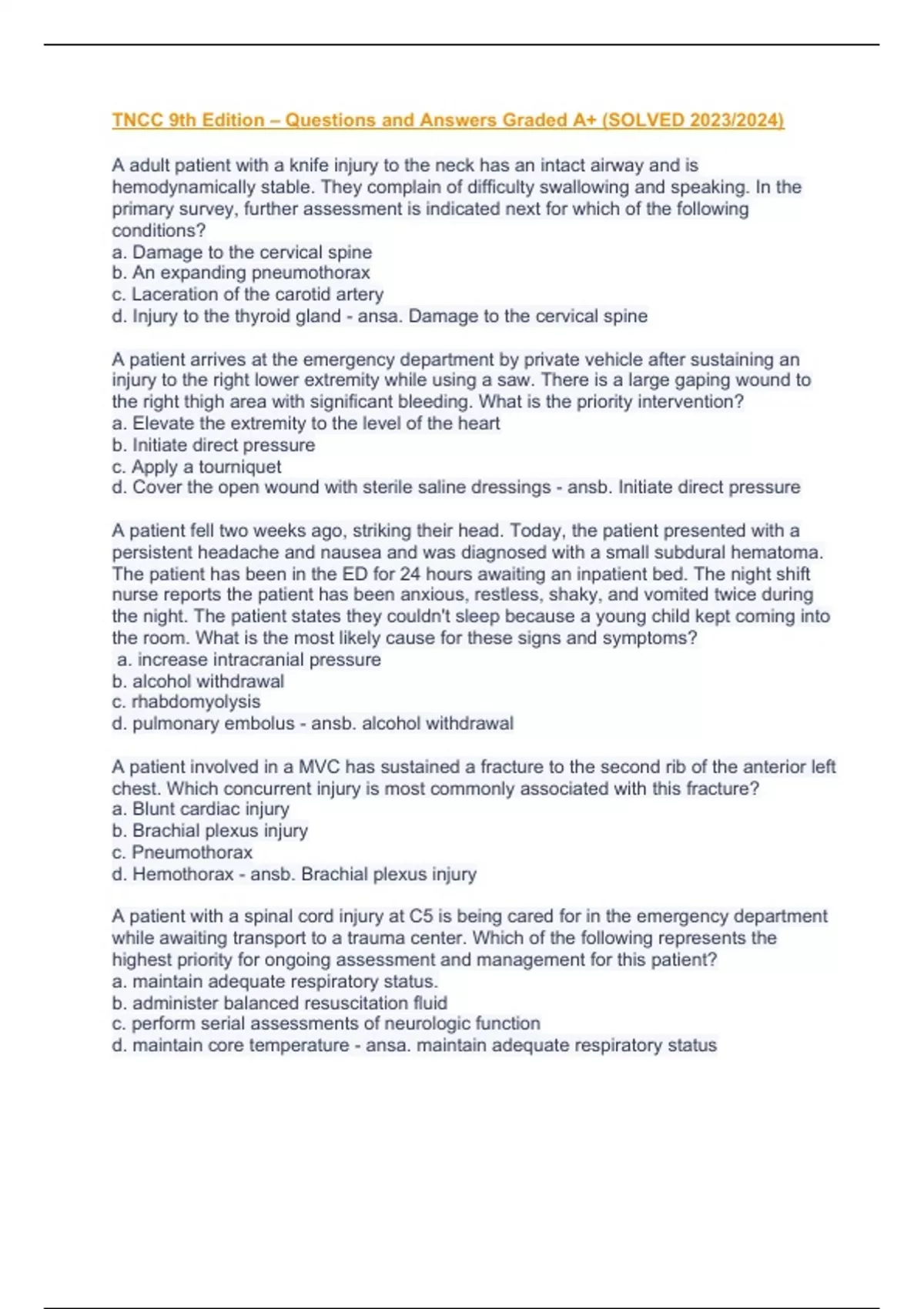 TNCC 9th Edition – Questions and Answers Graded A+ (SOLVED ) - TNCC ...