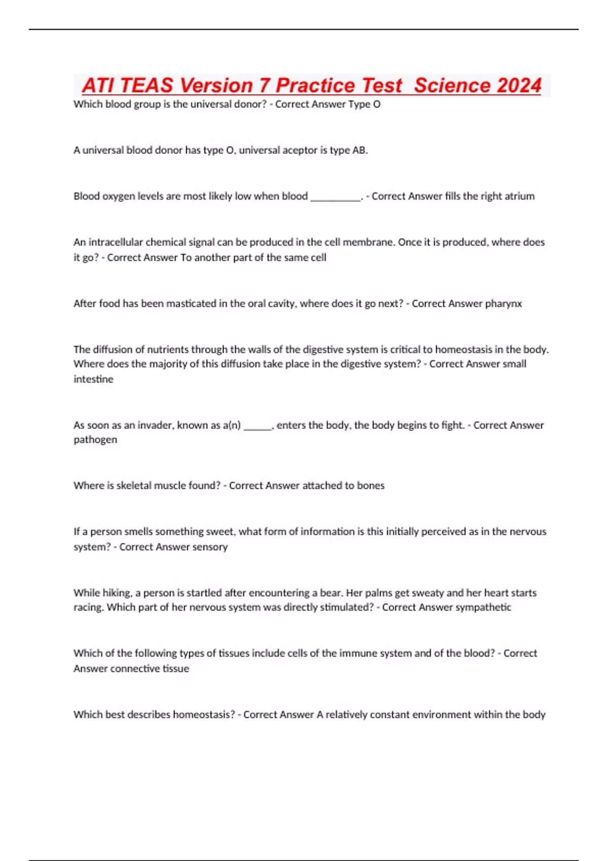 ATI TEAS Version 7 Practice Test Science 2024 - ATI TEAS 7 - Stuvia US