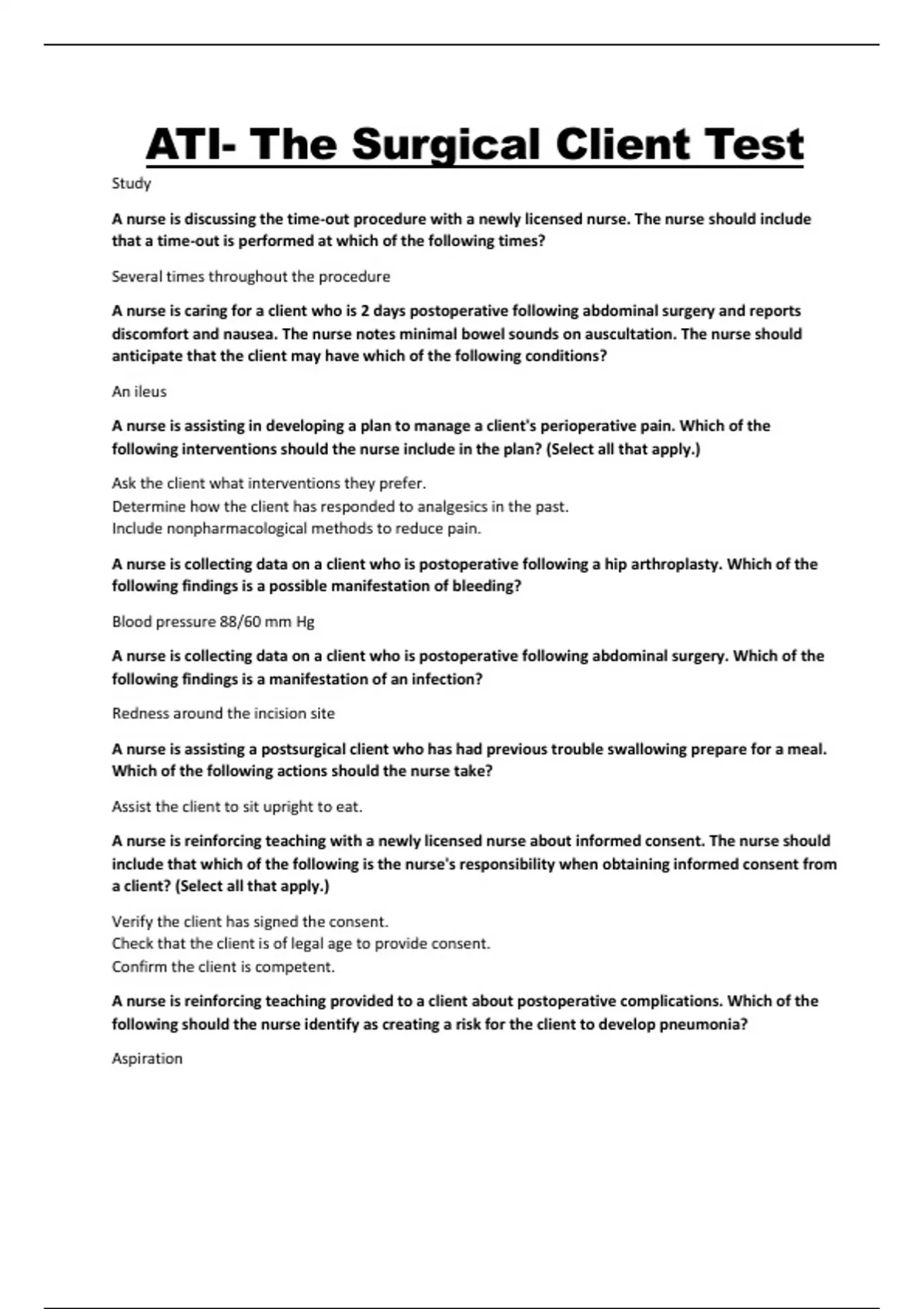 ATI- The Surgical Client Test 2024 - ATI- The Surgical Client - Stuvia US