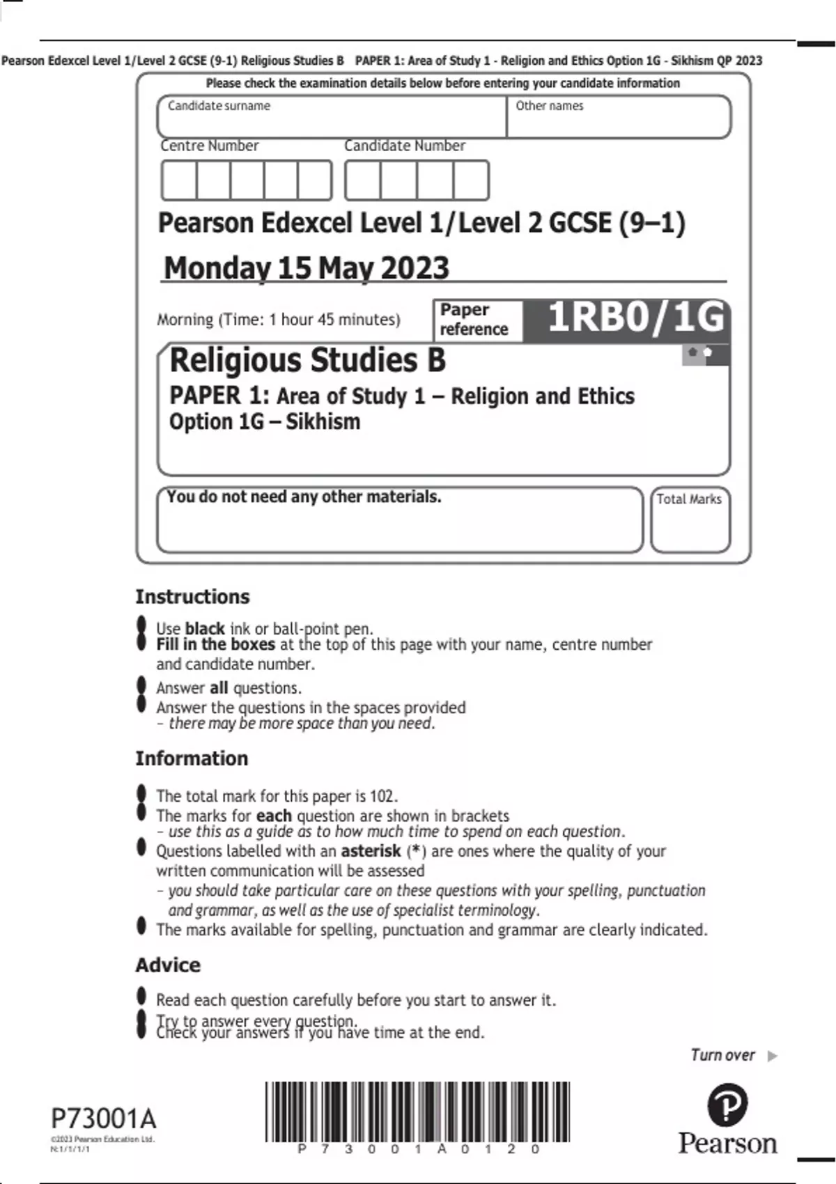 Pearson Edexcel Level 1/Level 2 GCSE (9–1) Religious Studies B PAPER 1 ...