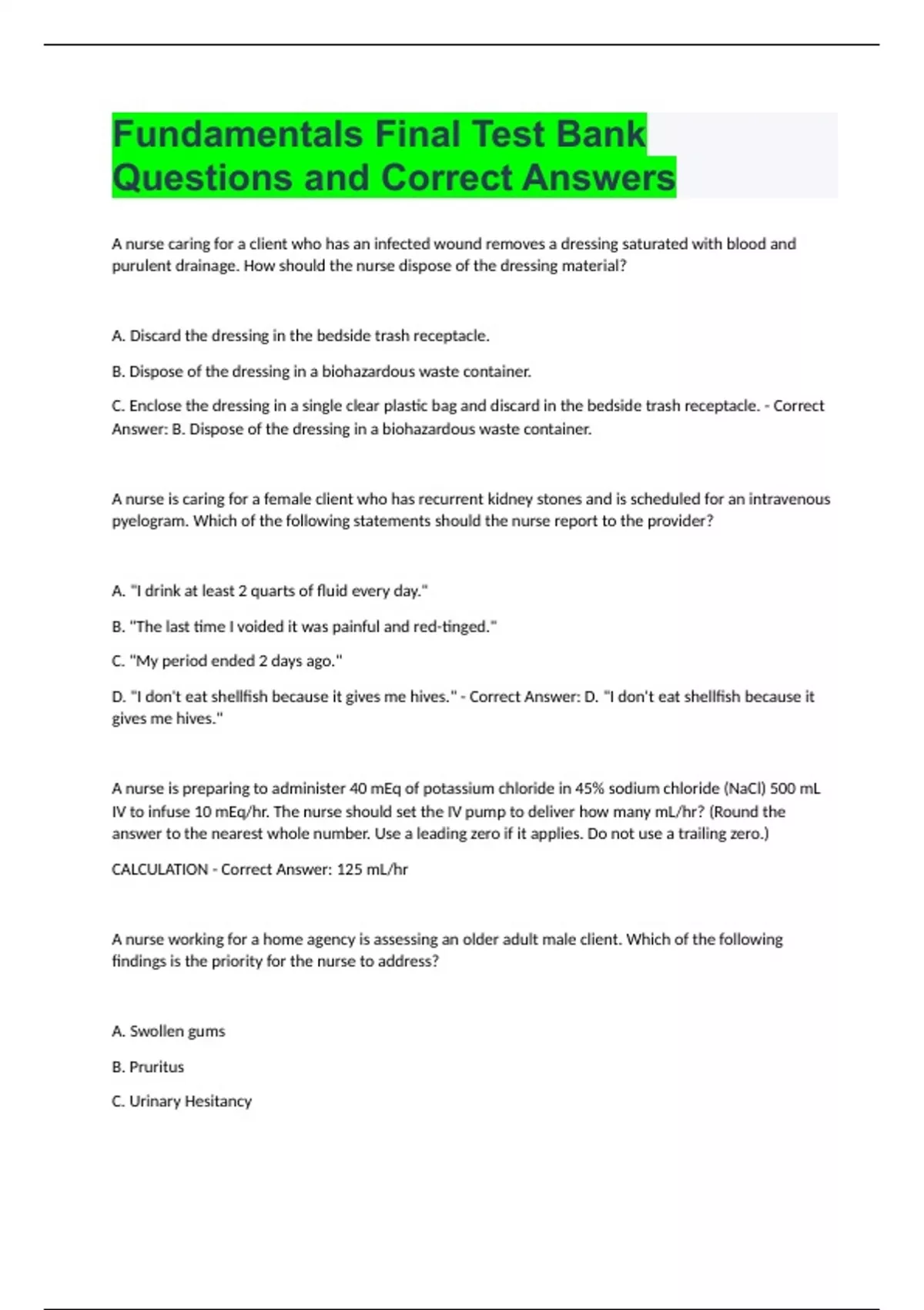 Fundamentals Final Test Bank Questions and Correct Answers ...