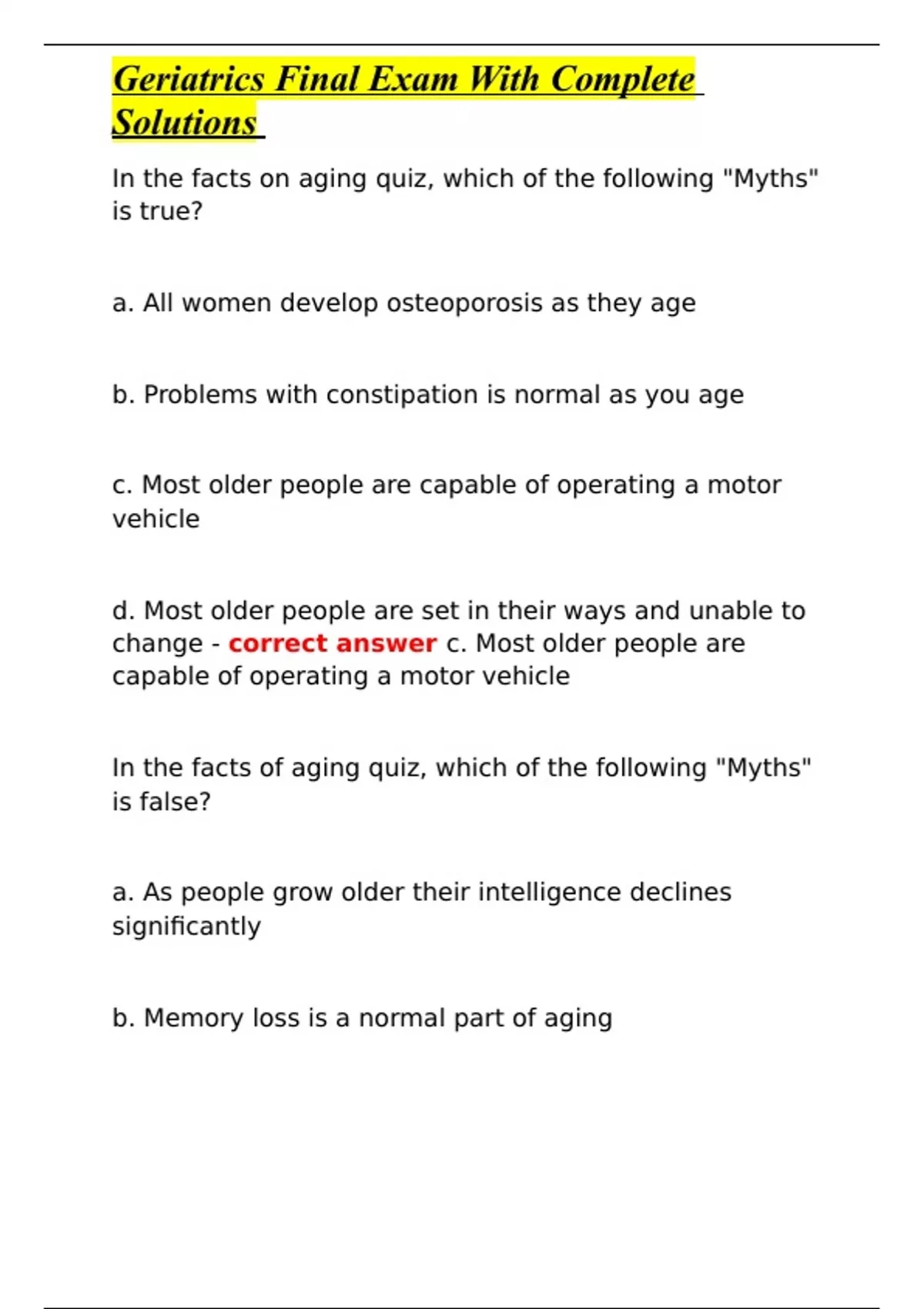 Geriatrics Final Exam With Complete Solutions - Geriatrics. - Stuvia US