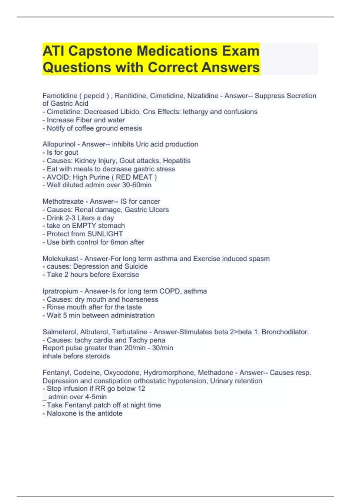 ATI Capstone Medications Exam Questions with Correct Answers - ATI ...