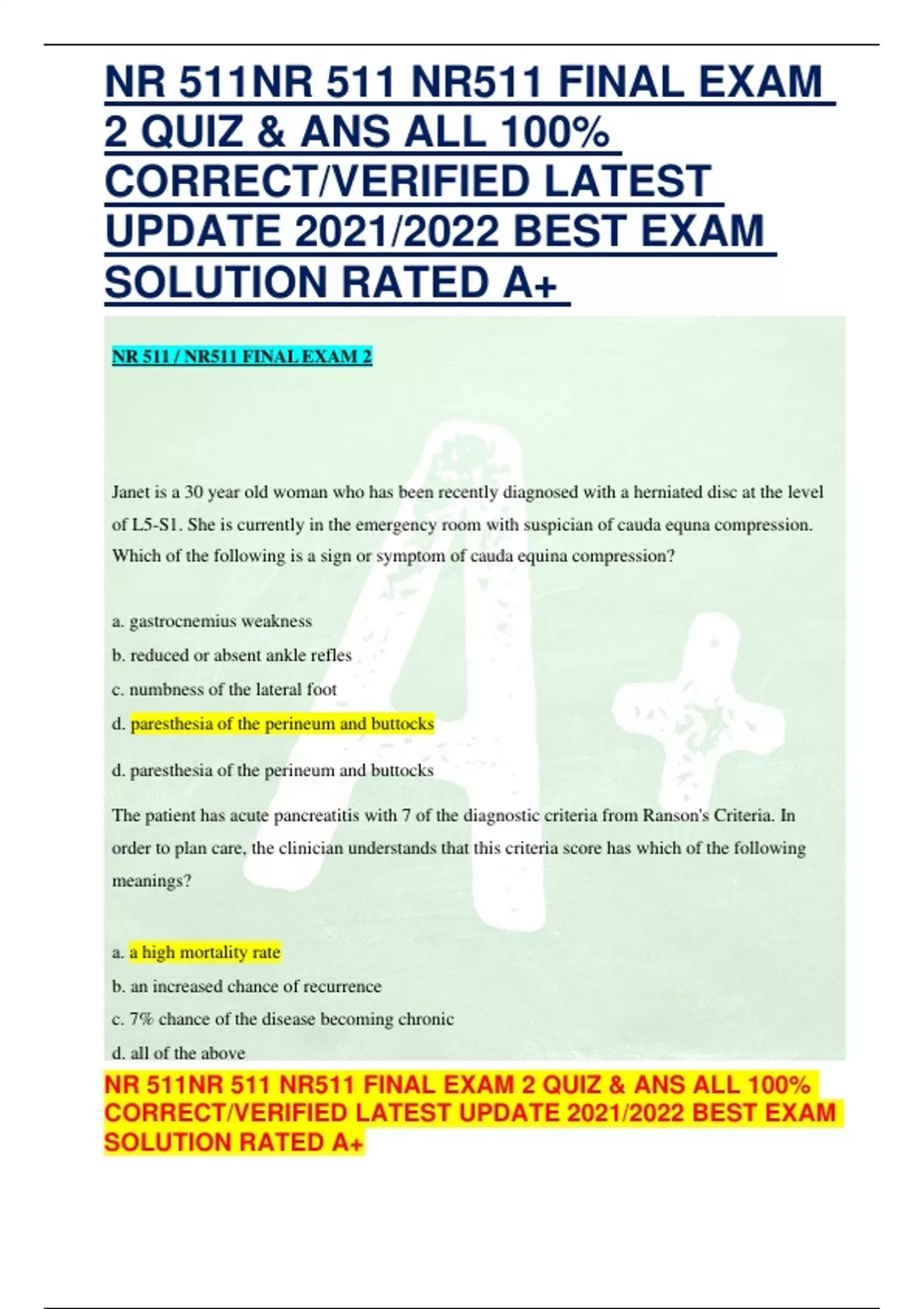 NR 511 / NR511 FINALEXAM 2 Janet is a 30 year old woman who has been ...