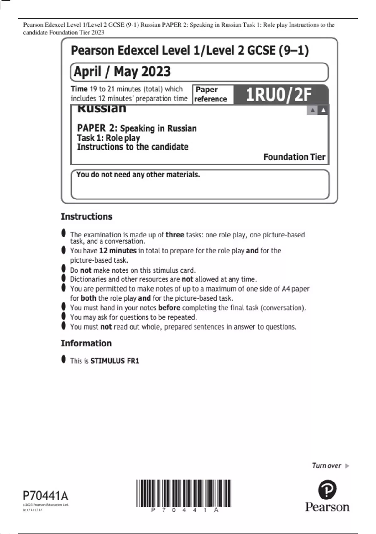 Pearson Edexcel Level 1/Level 2 GCSE (9–1) Russian PAPER 2: Speaking in ...