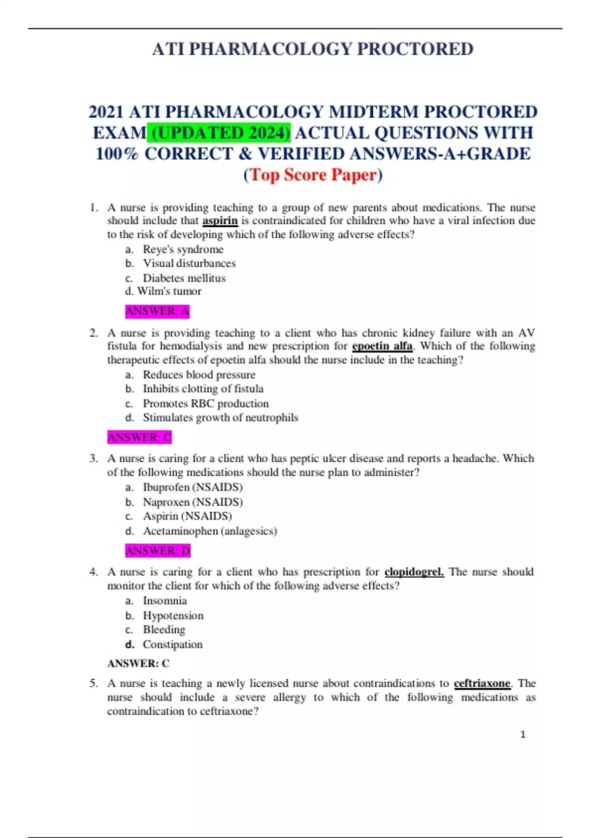 2021 ATI PHARMACOLOGY MIDTERM PROCTORED EXAM (UPDATED 2024) ACTUAL ...