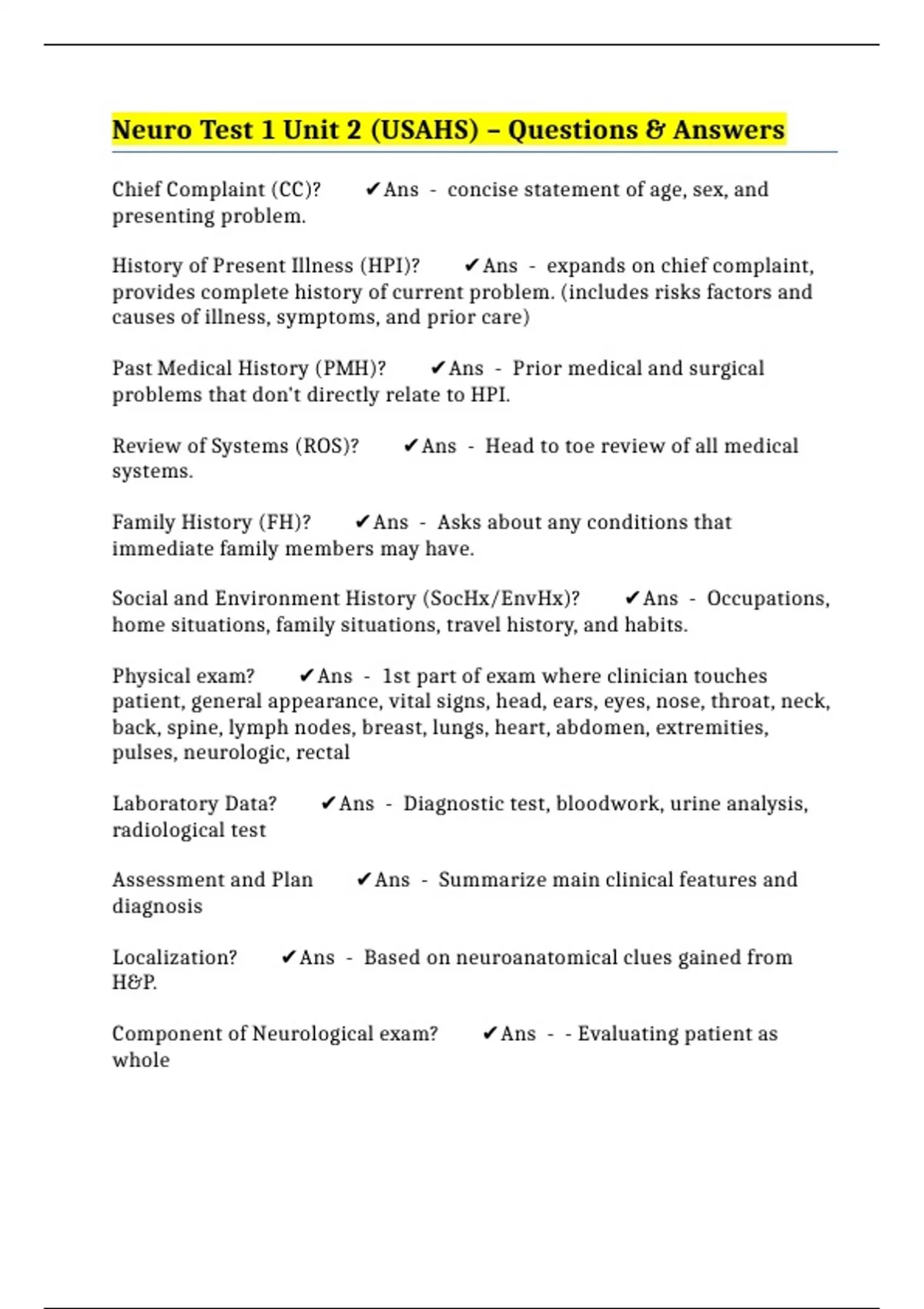 Neuro Test 1 Unit 2 (USAHS) – Questions & Answers - USAHS - Stuvia US