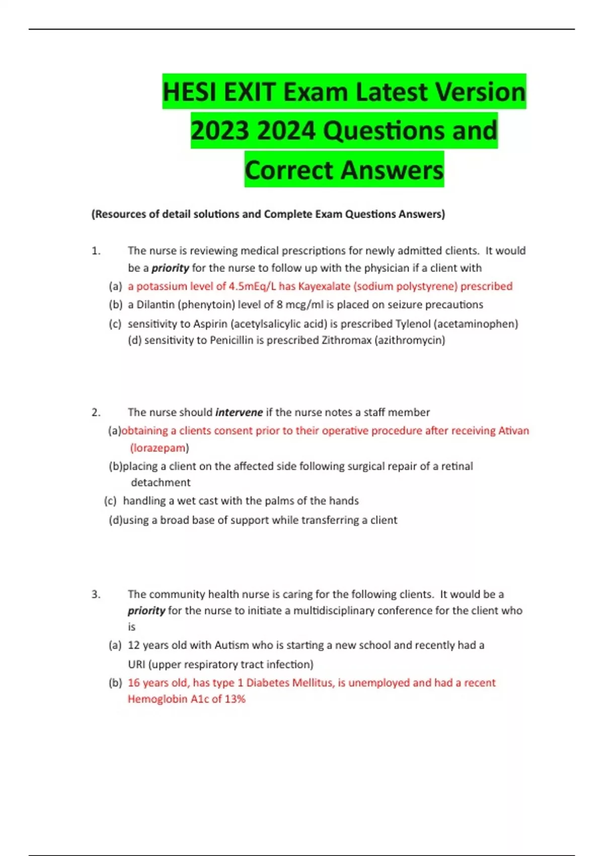HESI EXIT Exam Latest Version Questions and Correct Answers - HESI EXIT ...