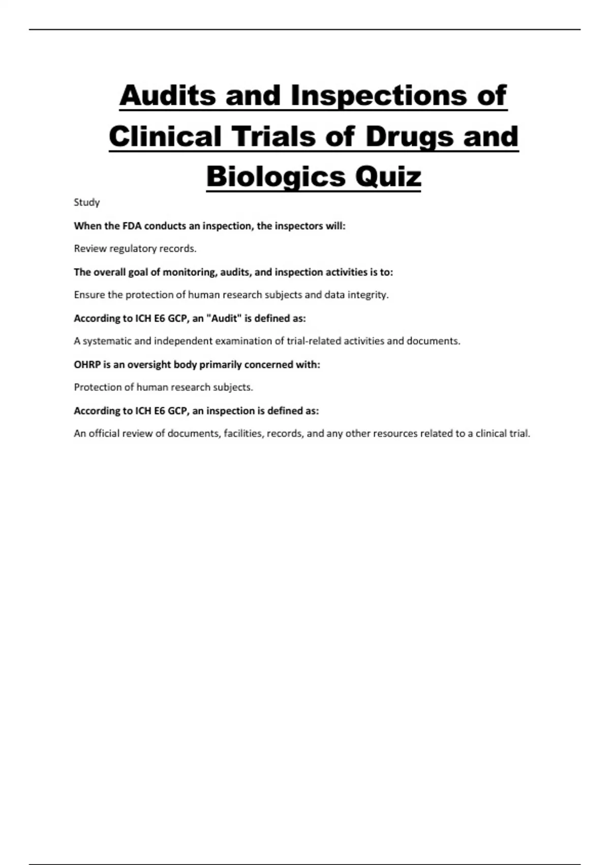 Audits and Inspections of Clinical Trials of Drugs and Biologics Quiz ...
