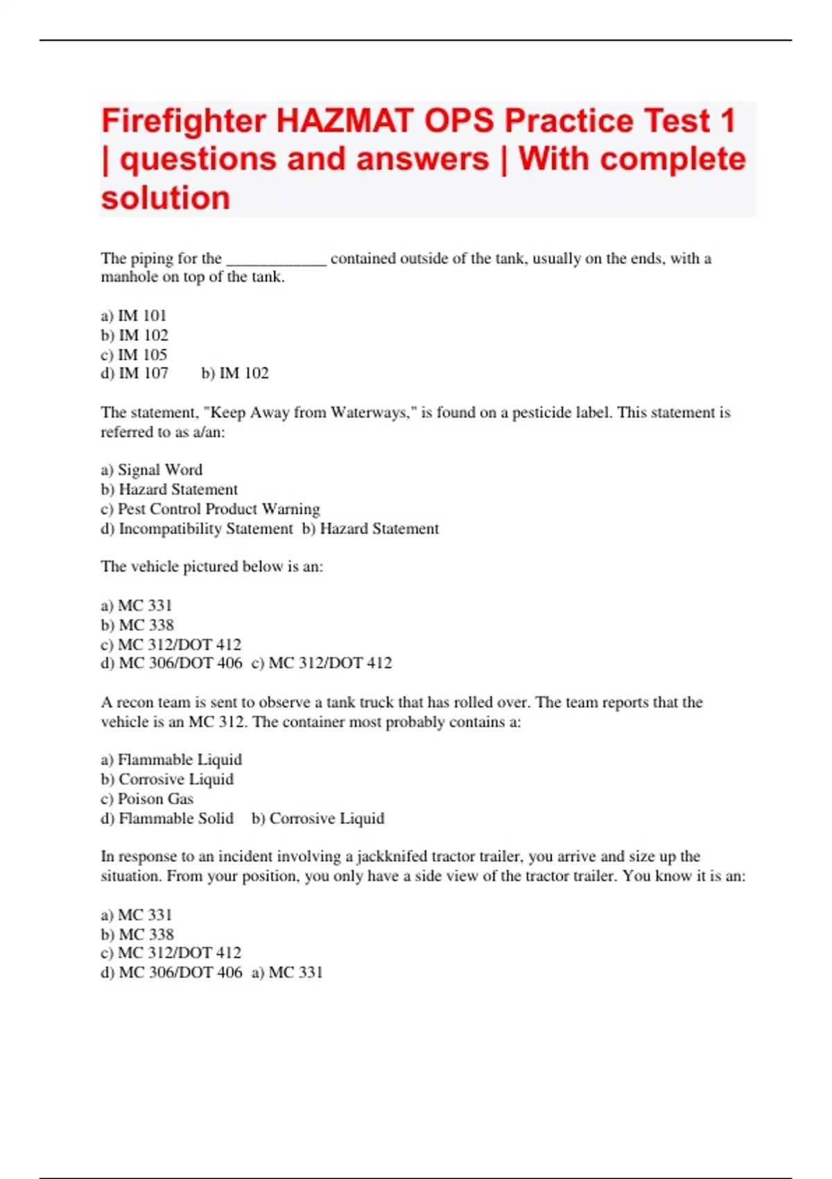 Firefighter HAZMAT OPS Practice Test 1 | questions and answers | With ...